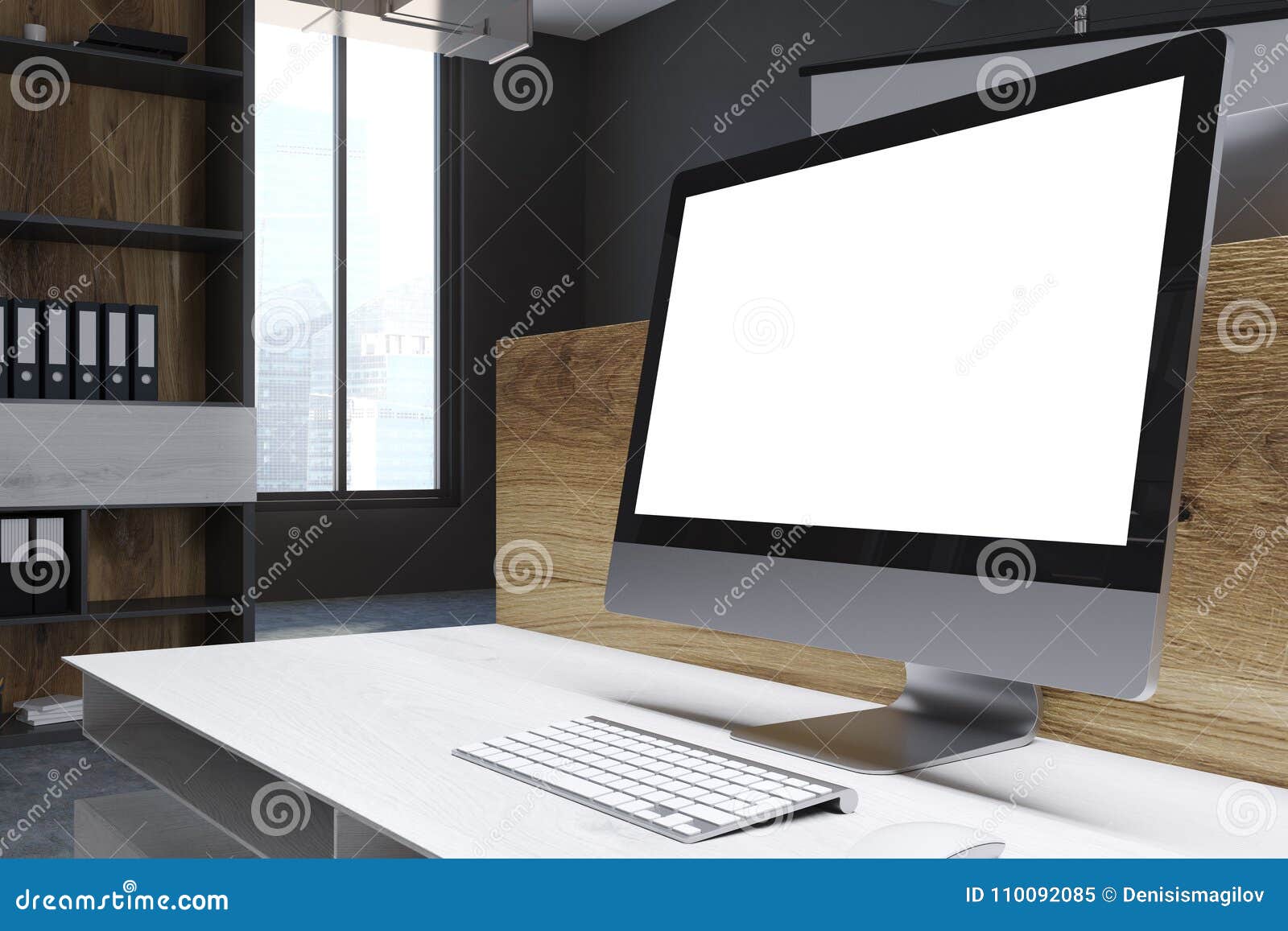 Blank Computer Screen in a Wooden Office Stock Image - Image of desk ...