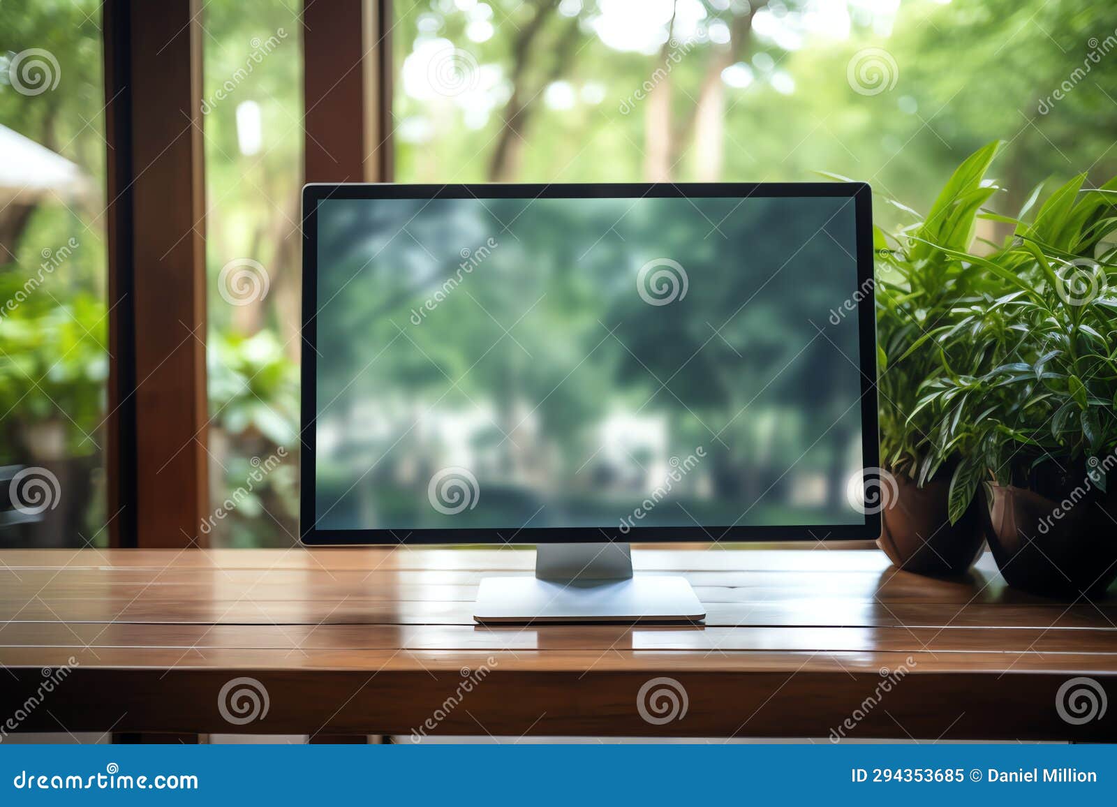 Blank Computer Screen on a Wooden Surface with Lots of Natural Light ...