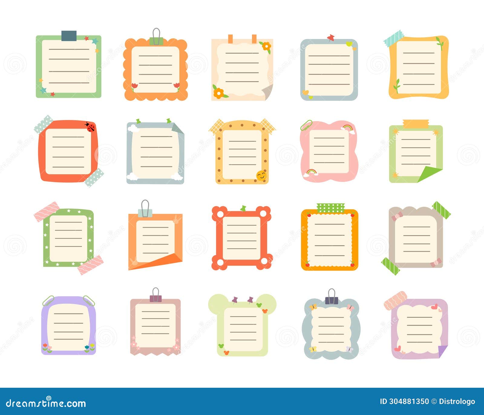 Blank Cute Paper Notes Vector Illustration Element. Set of Paper Notes ...