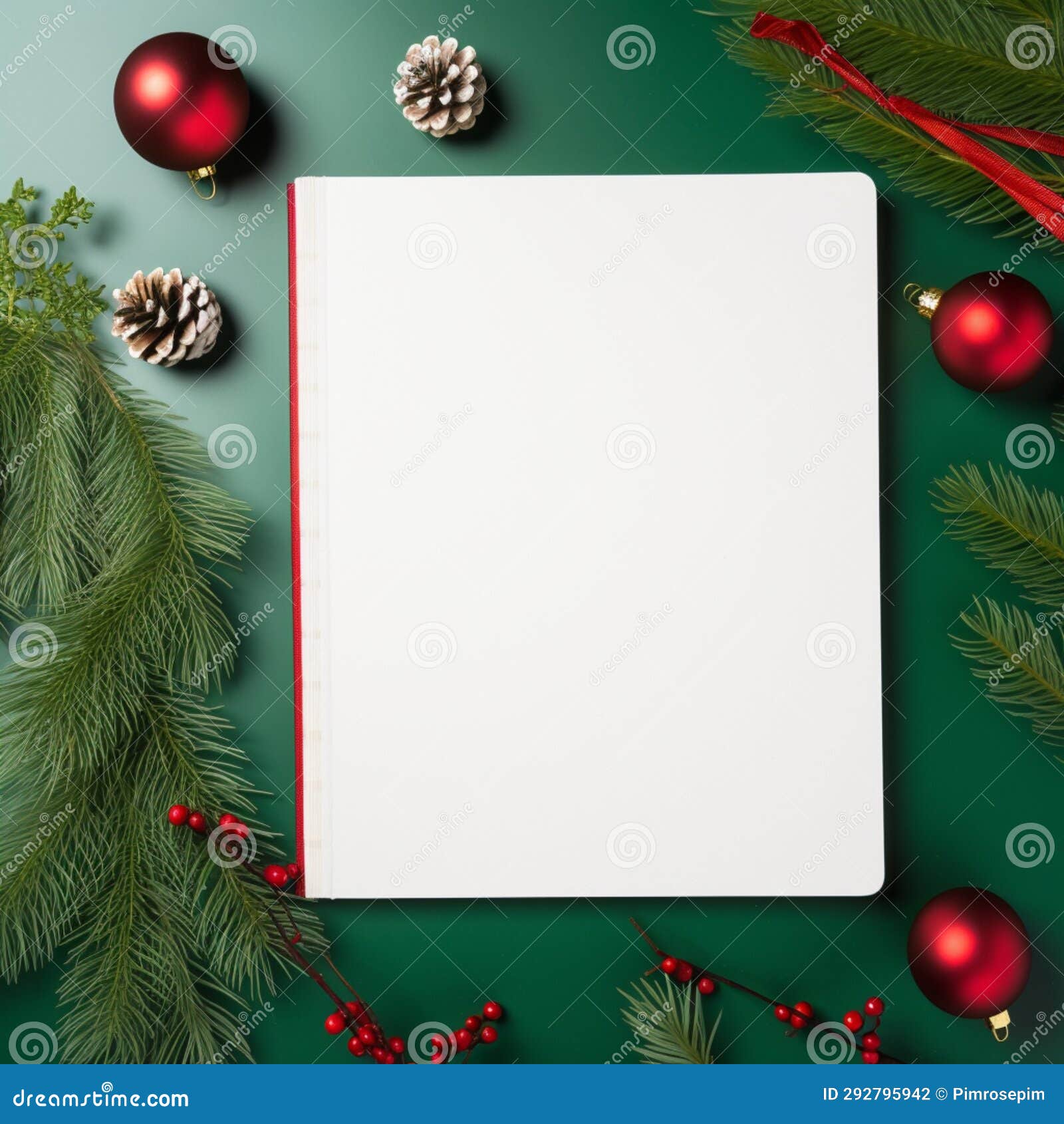 Blank Diary Notebook, Christmas Theme Decorated, Leaf, Red Balls, Green ...