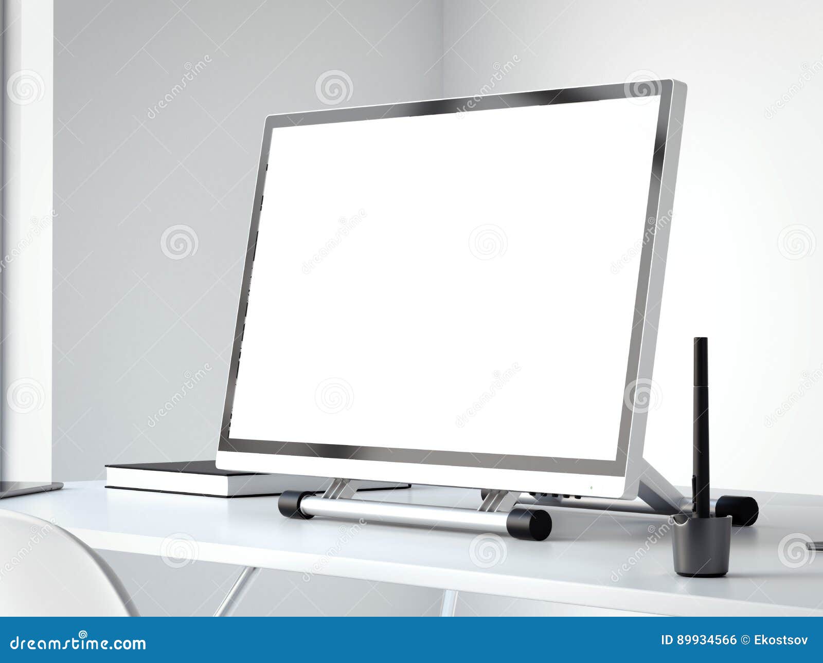 Blank Drawing Screen with Pen on White Table. 3d Rendering Stock ...