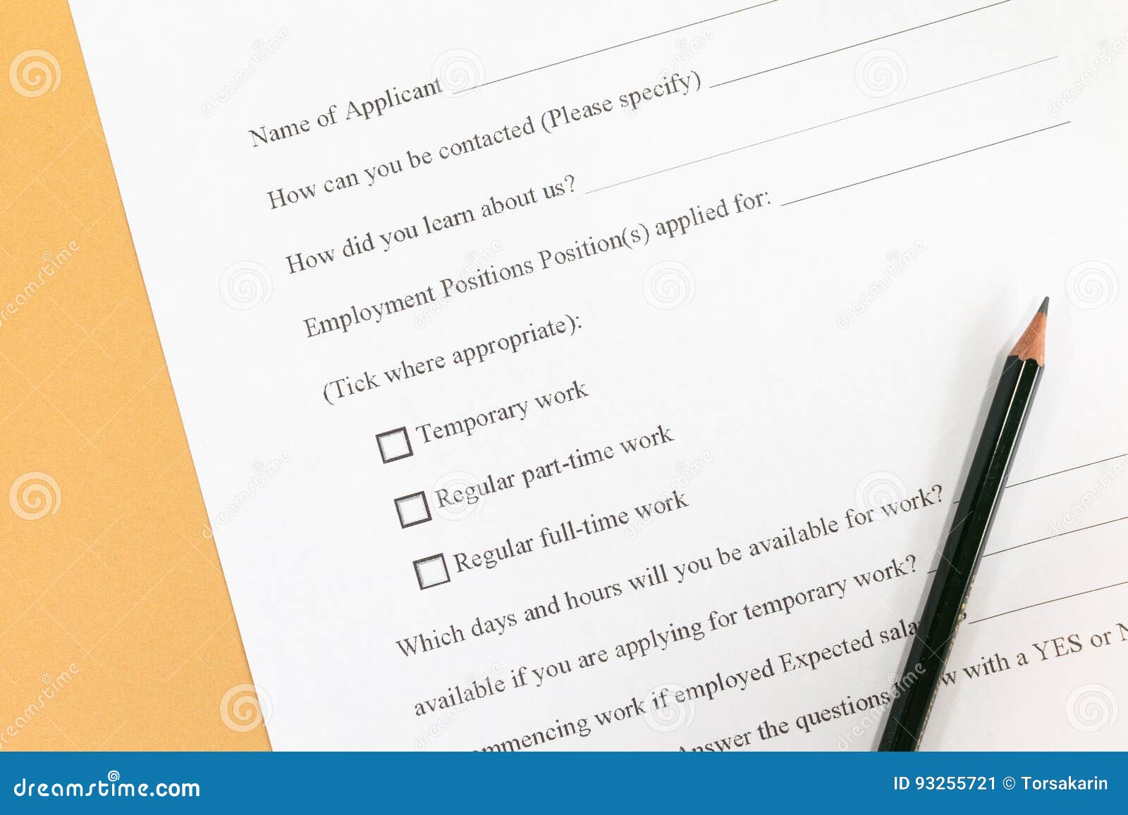 Blank Employment Application Paper Form Stock Image - Image of sign ...