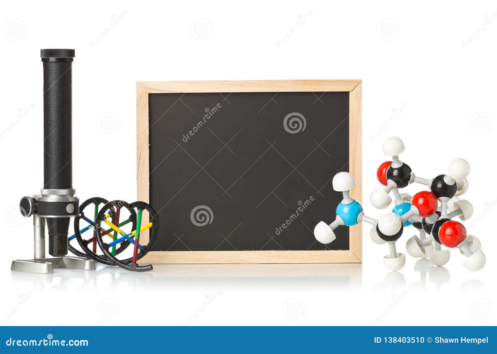 Blank, Empty, Black Chalkboard with Microscope, Molecule Model and DNA ...