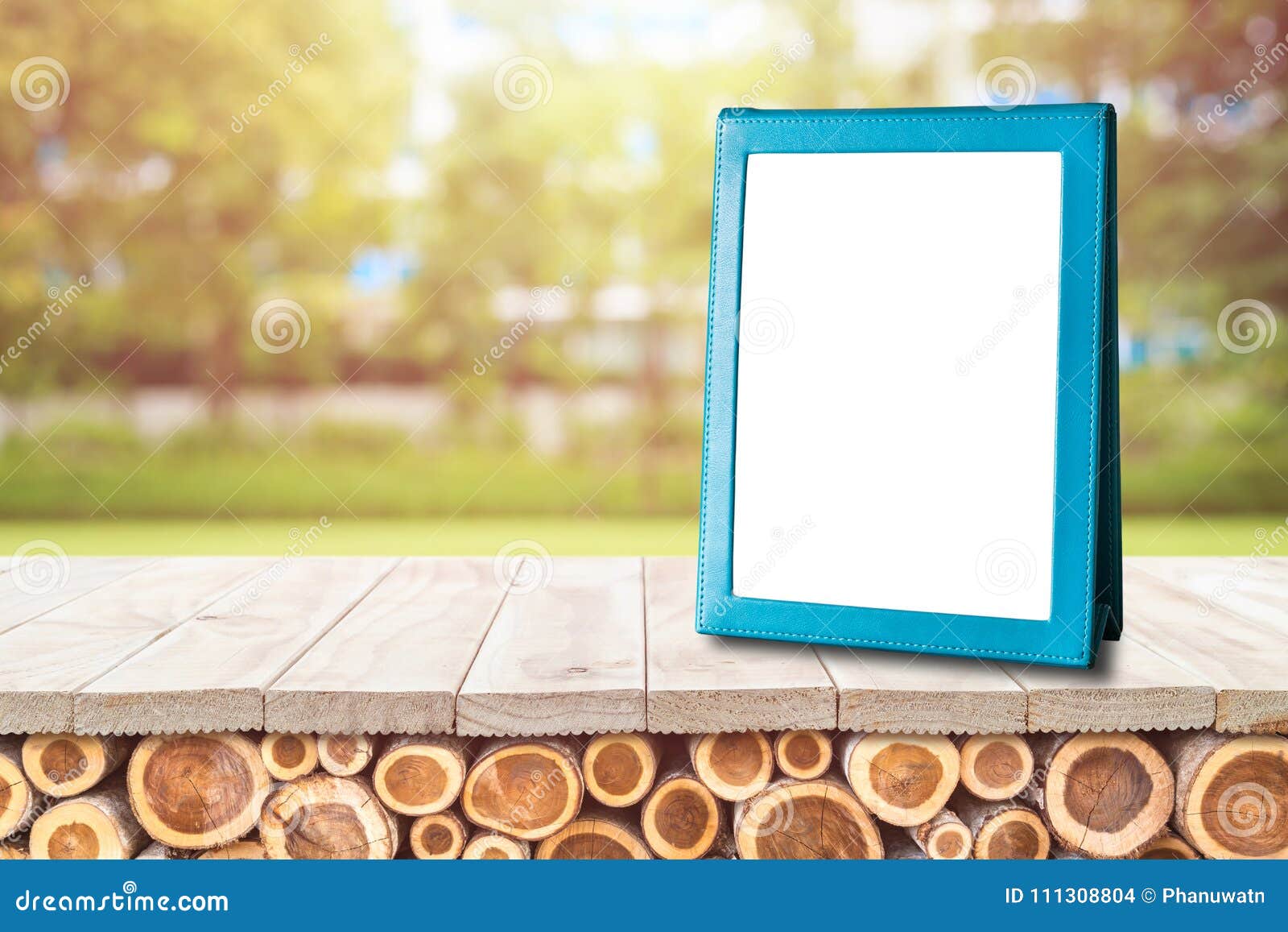Empty Blue Brochure Put on Wooden Table for Text, Menu or Advert Stock ...