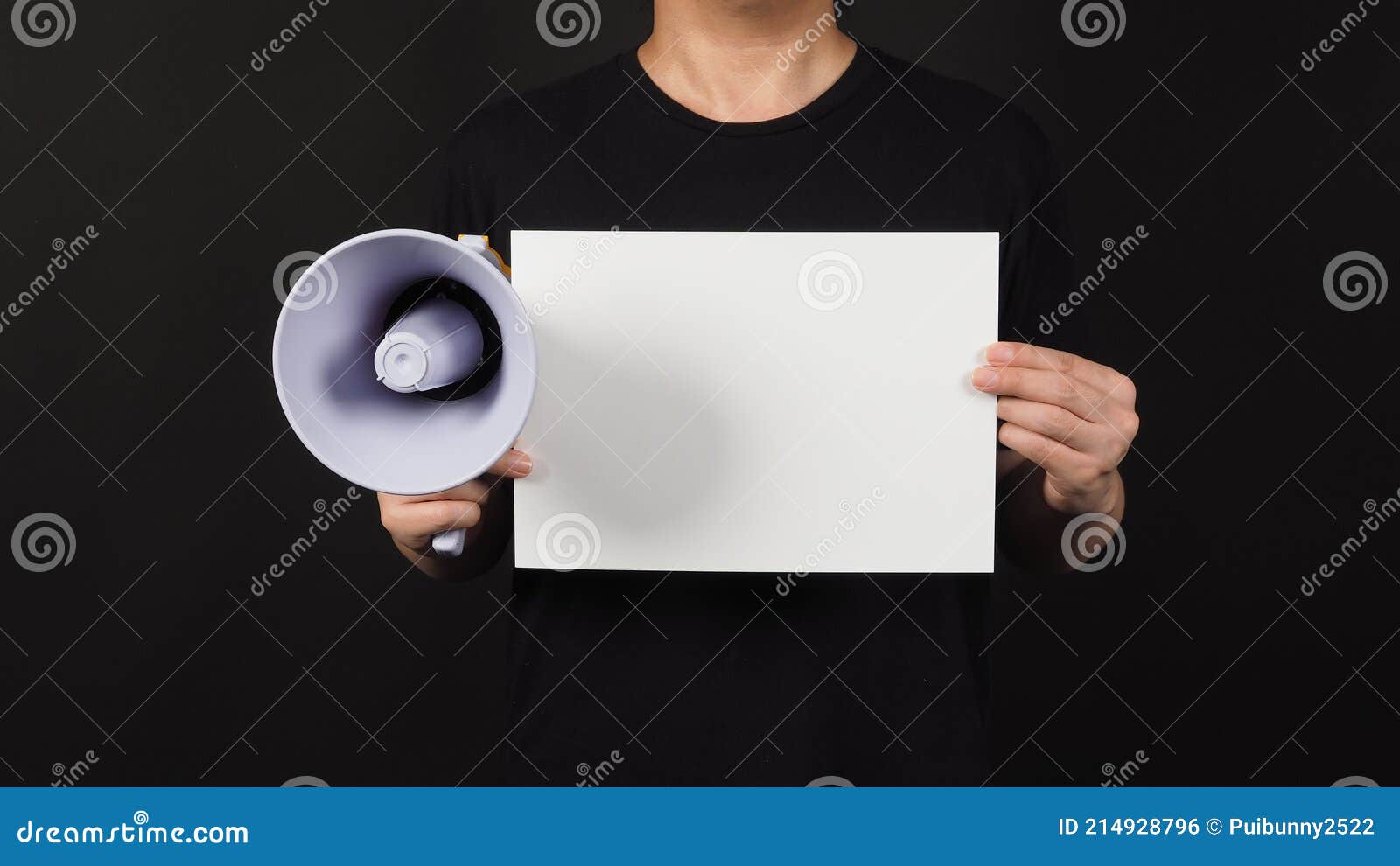 Blank Empty Paper in Man`s Hand with Megaphone on Black Background ...