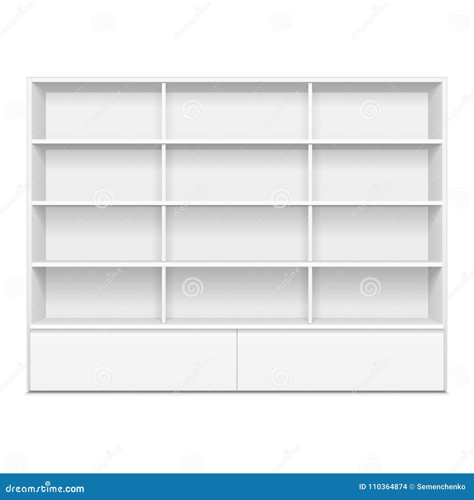 Blank Empty Showcase Display with Retail Shelves. 3D. Front View. Mock ...