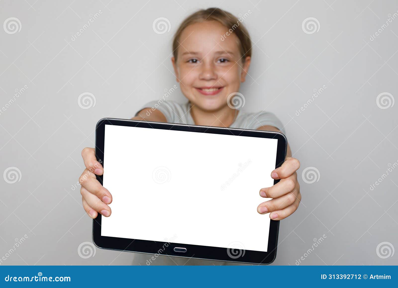 Blank Empty Tablet Display in Hands of Beautiful Cute Child Girl Stock ...