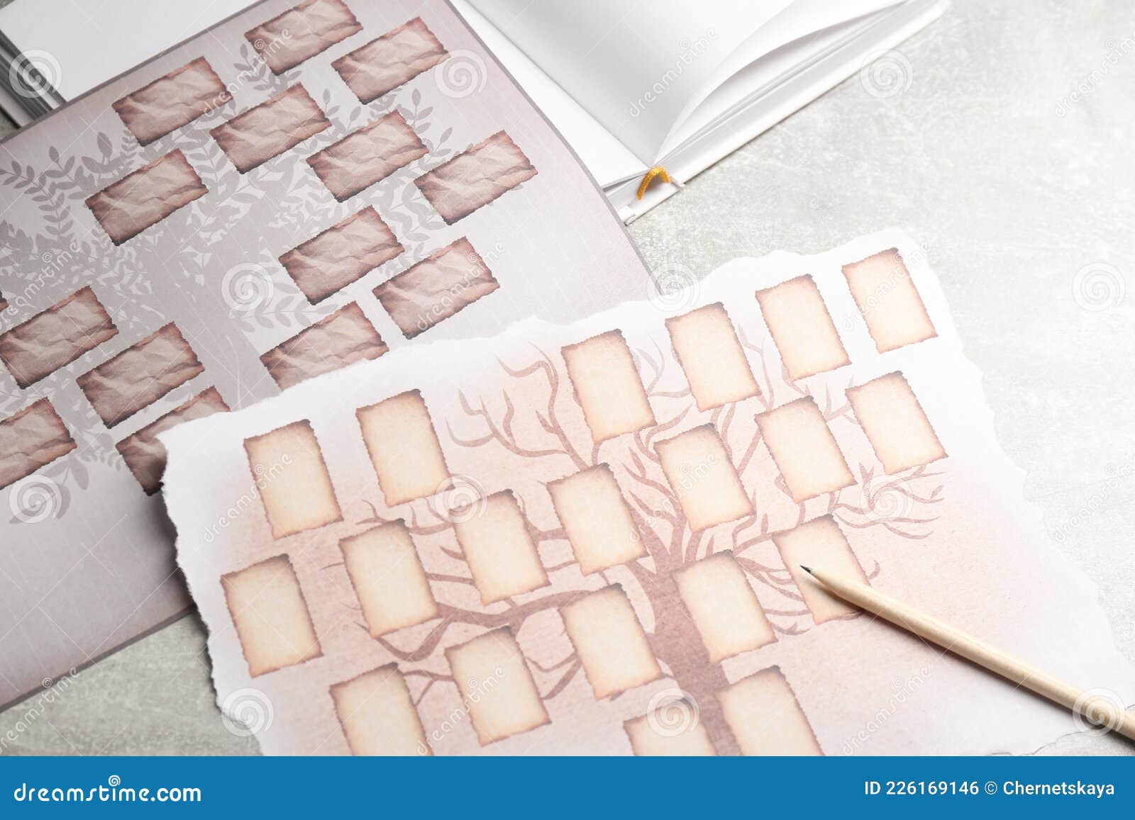 Blank Family Tree Charts, Notebook and Pencil on Grey Table, Closeup ...