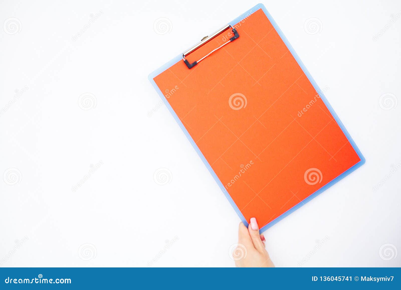 Blank Folder with Red Paper. Hand that Holding Folder and Pen on White ...