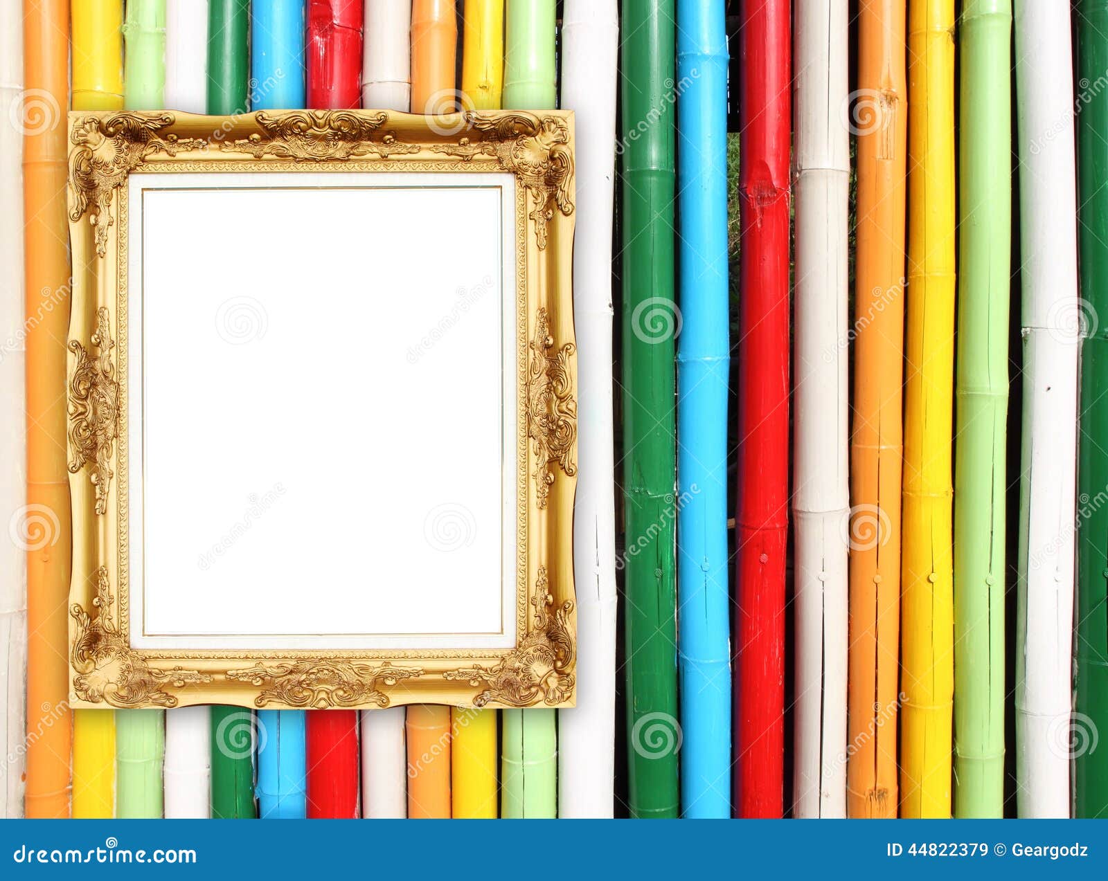 Blank Golden Frame on Colorful Bamboo Wall Stock Image - Image of ...
