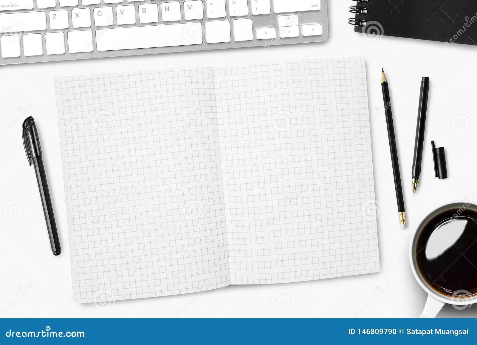 Blank Grid Lines Notebook Page on White Desk. Top View, Flat Lay Stock ...