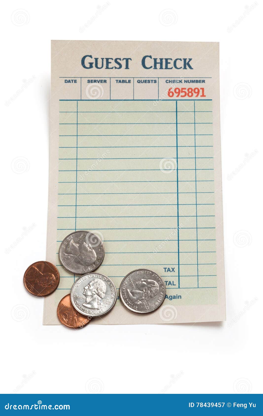 Blank Guest Check and Coin stock image. Image of coin - 78439457