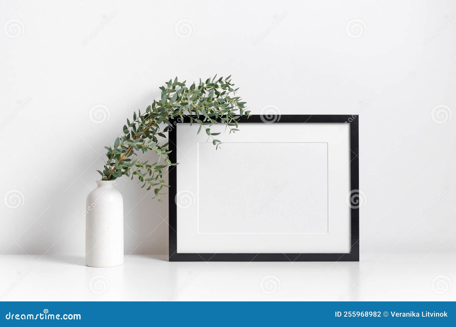 Blank Horizontal Frame Mockup in White Minimalistic Interior with Green ...