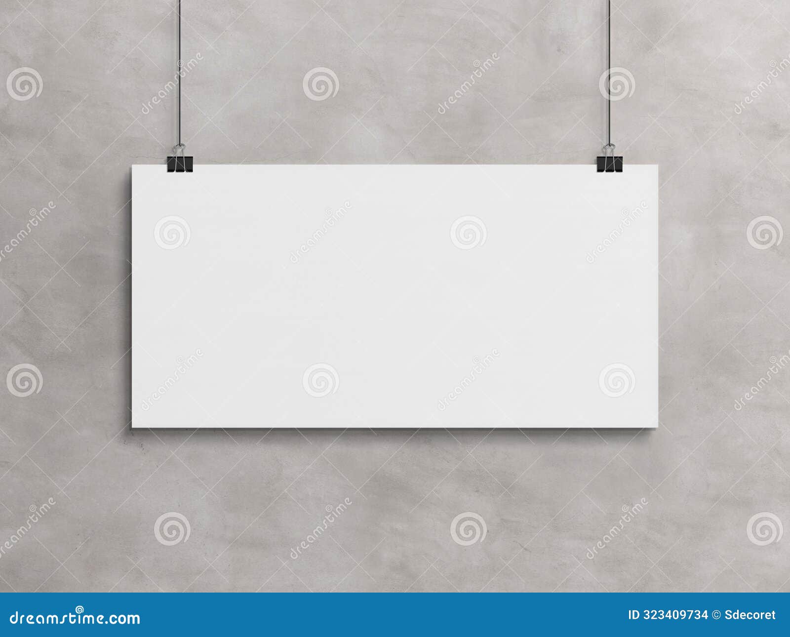 Blank Horizontal Poster Hanging with Clips on a Concrete Wall Mockup ...