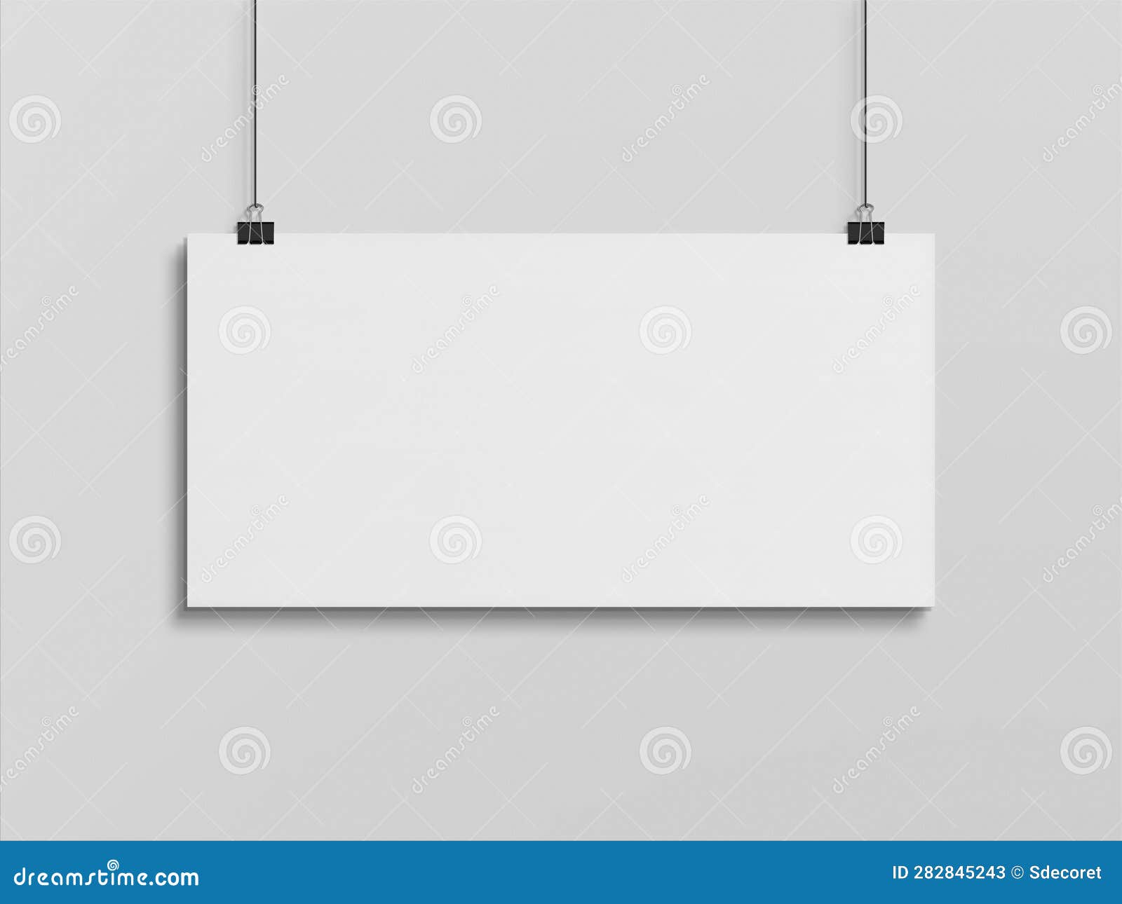Blank Horizontal Poster Hanging with Clips on a White Wall Mockup. 3D ...