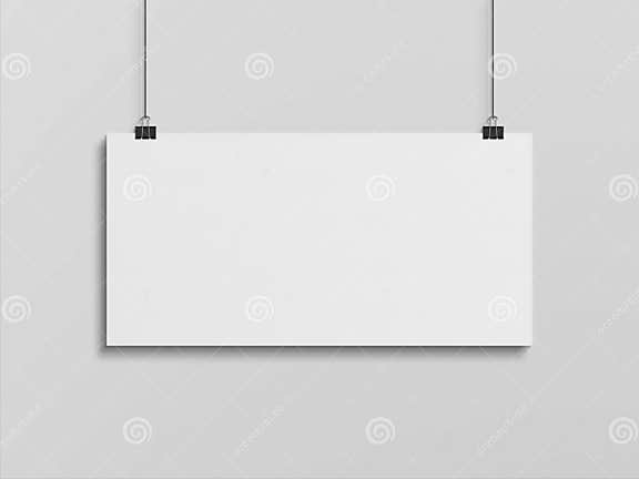 Blank Horizontal Poster Hanging with Clips on a White Wall Mockup. 3D ...