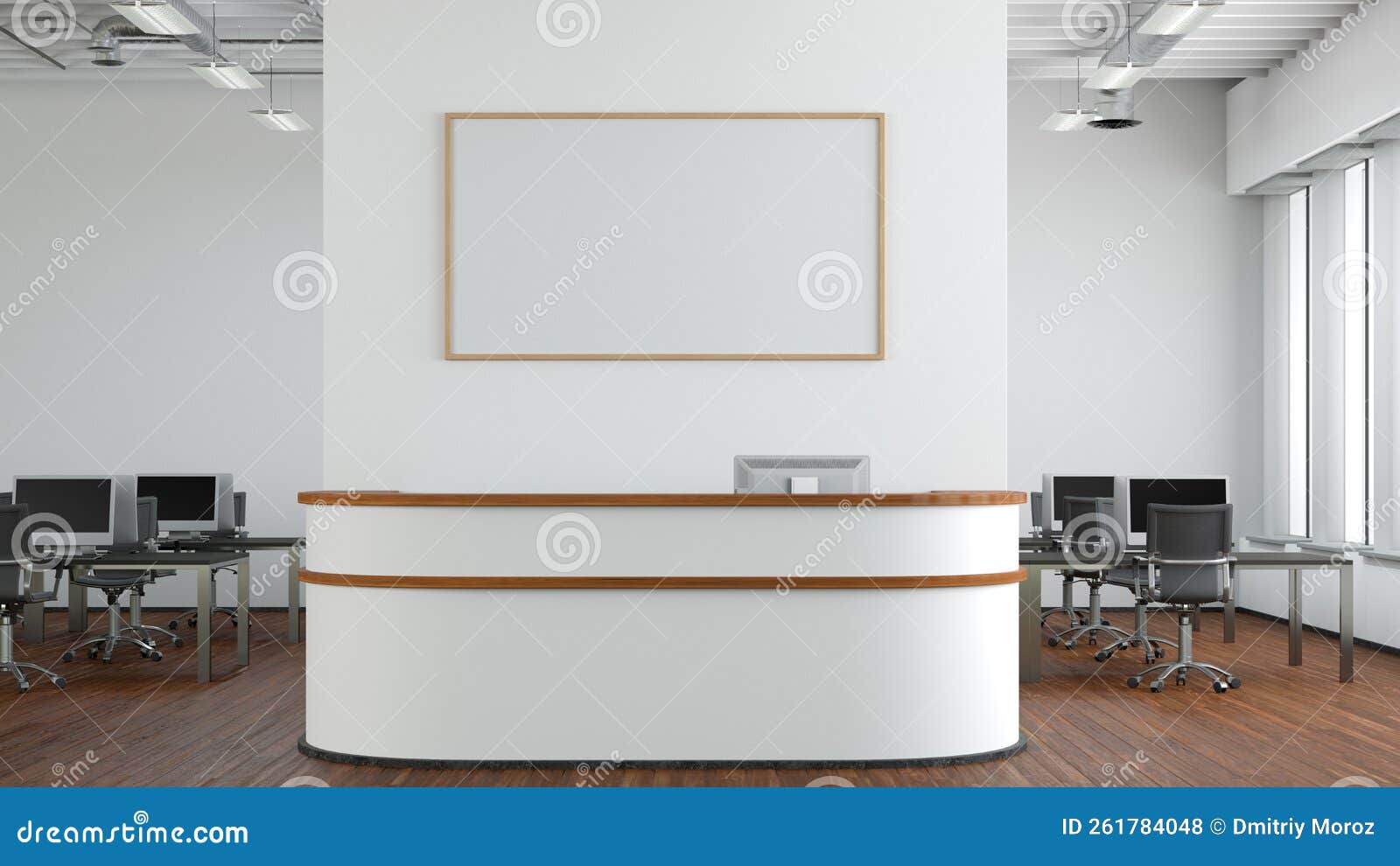 Blank Horizontal Poster Mock Up on the Wall Above Office Reception Desk ...