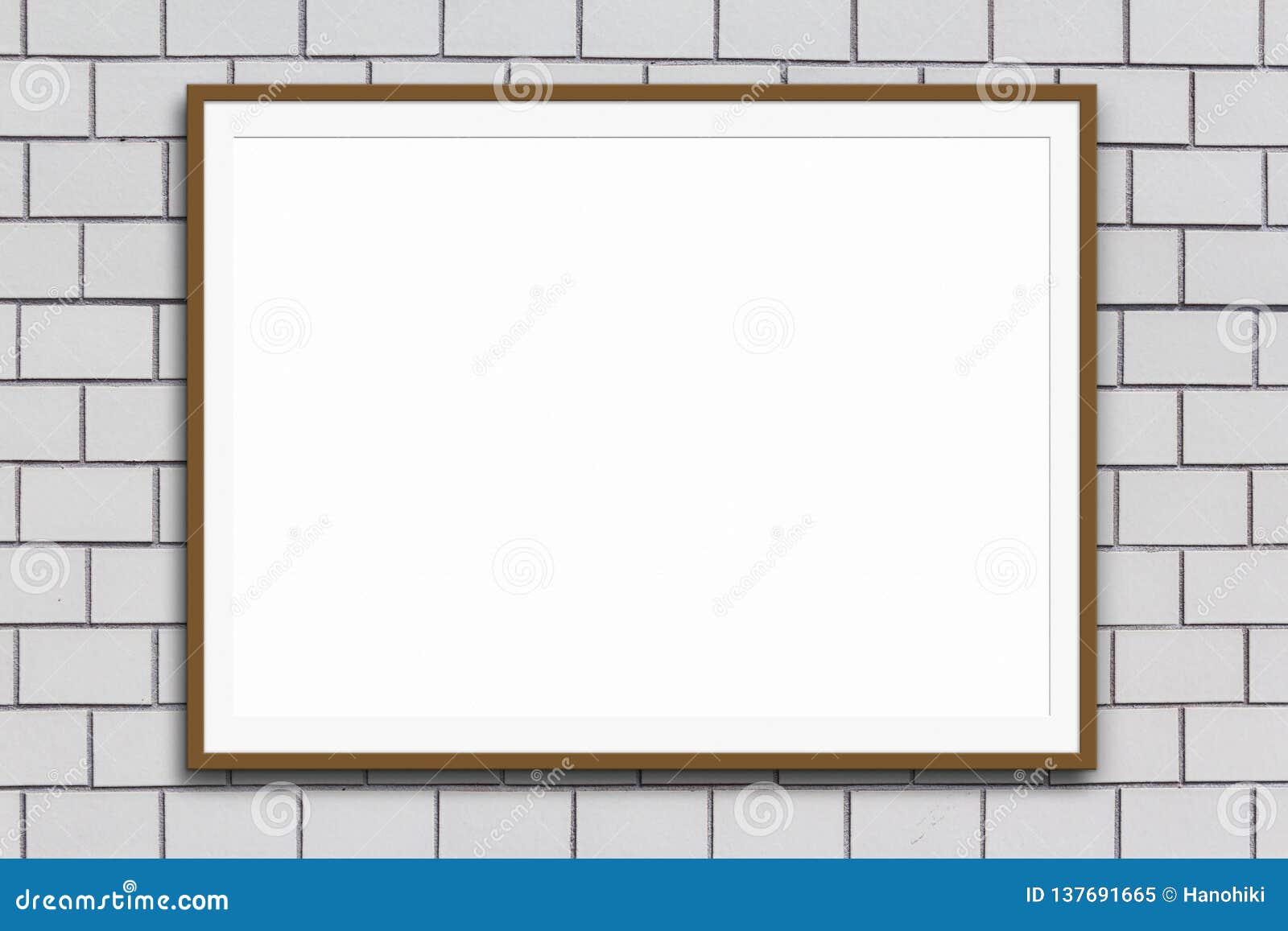 Blank Information Sign, Framed Mockup on White Tiled Wall Stock Image ...