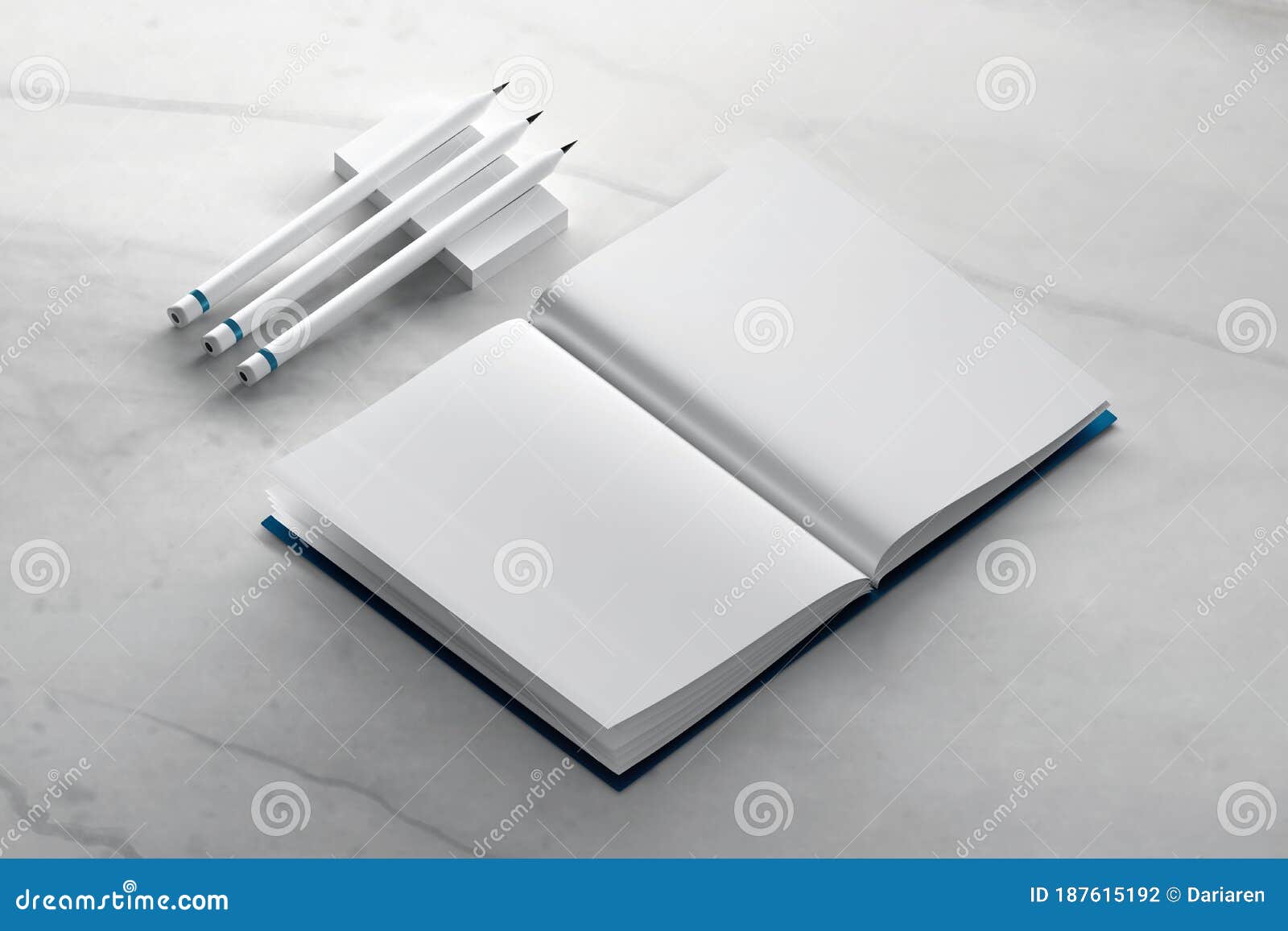 Blank Journal Book Mockup with Pencils on Marble Surface Stock ...