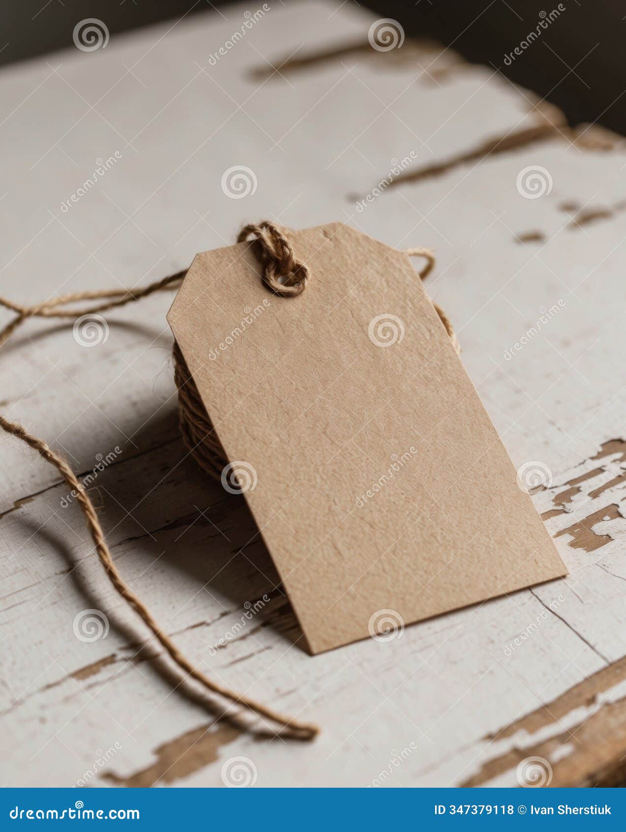 Blank Kraft Paper Tag with Rustic String Loop Resting on Weathered Wood ...