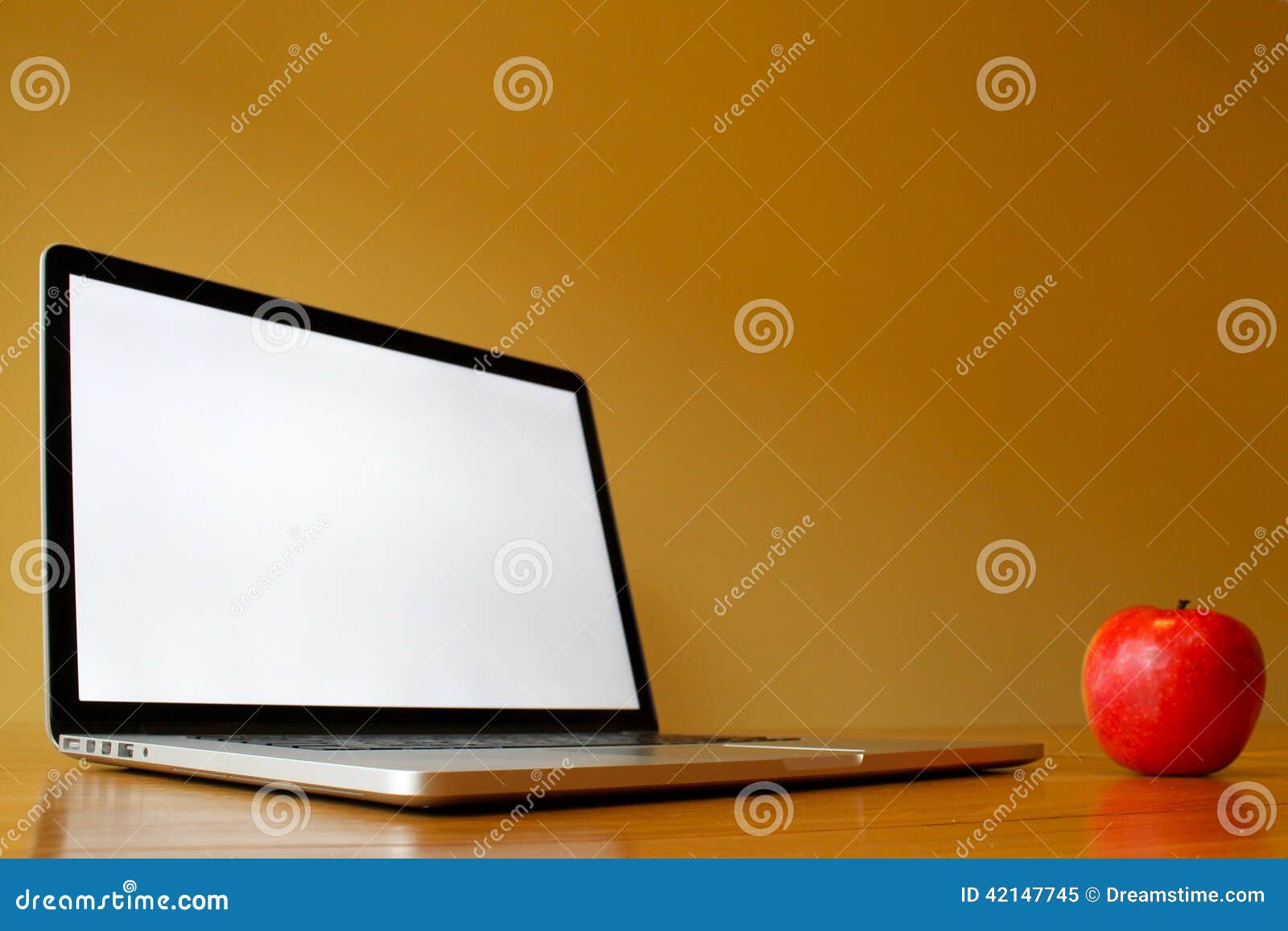 Blank Laptop with Apple on Wooden Table Stock Image - Image of shiny ...