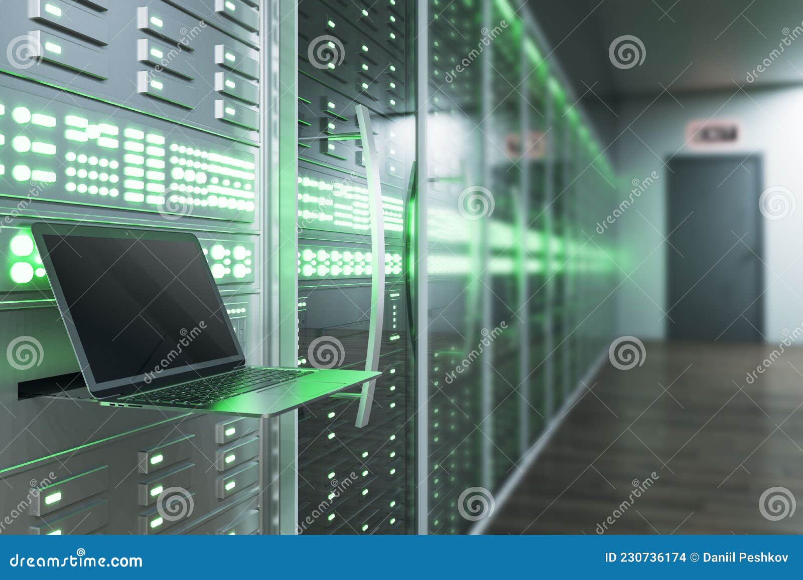 Blank Laptop Computer in Illuminated Server Room Interior. Internet ...