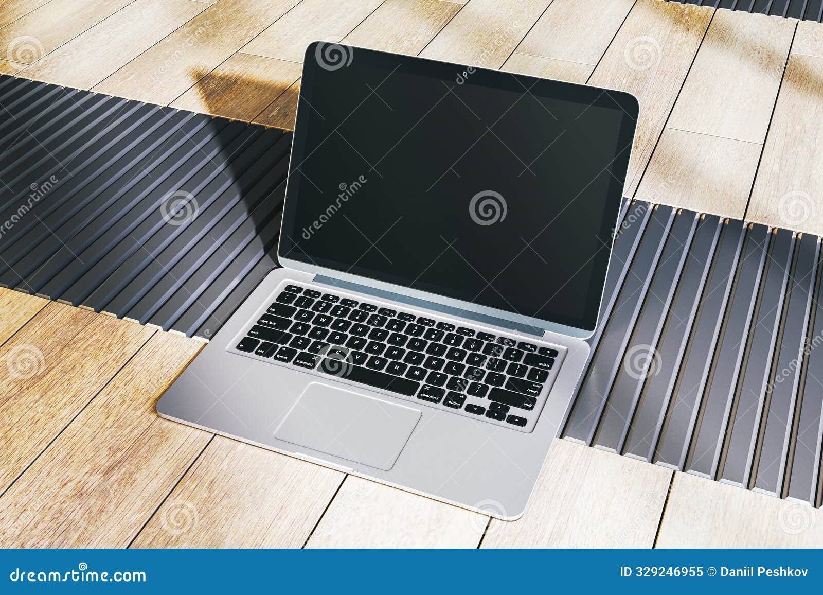 Blank Laptop Screen Mockup on Wooden Surface. 3D Rendering Stock ...
