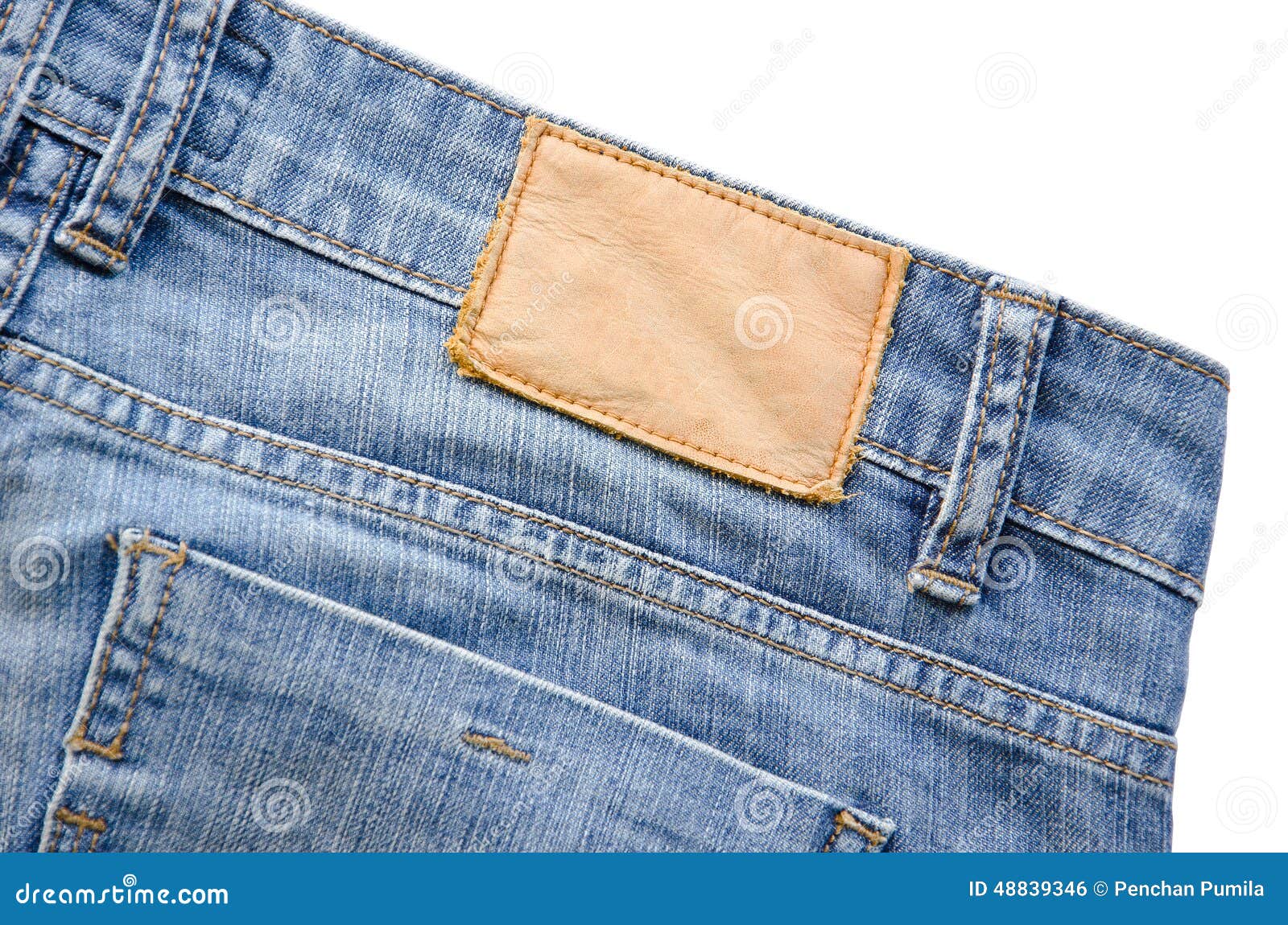 Blank Leather Jeans Label Sewed on a Blue Jeans Stock Photo - Image of ...
