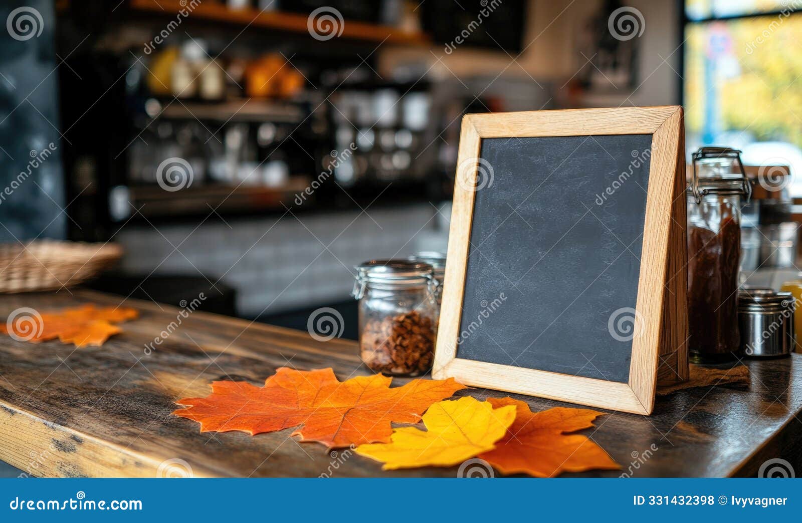 Blank Menu Board on a Counter, Decorated with Autumn Leaves Stock Photo ...
