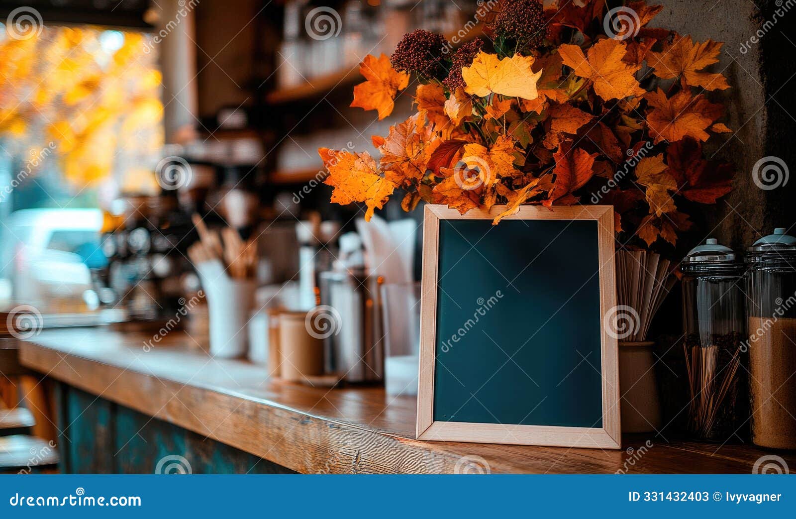 Blank Menu Board on a Counter, Decorated with Autumn Leaves Stock Image ...