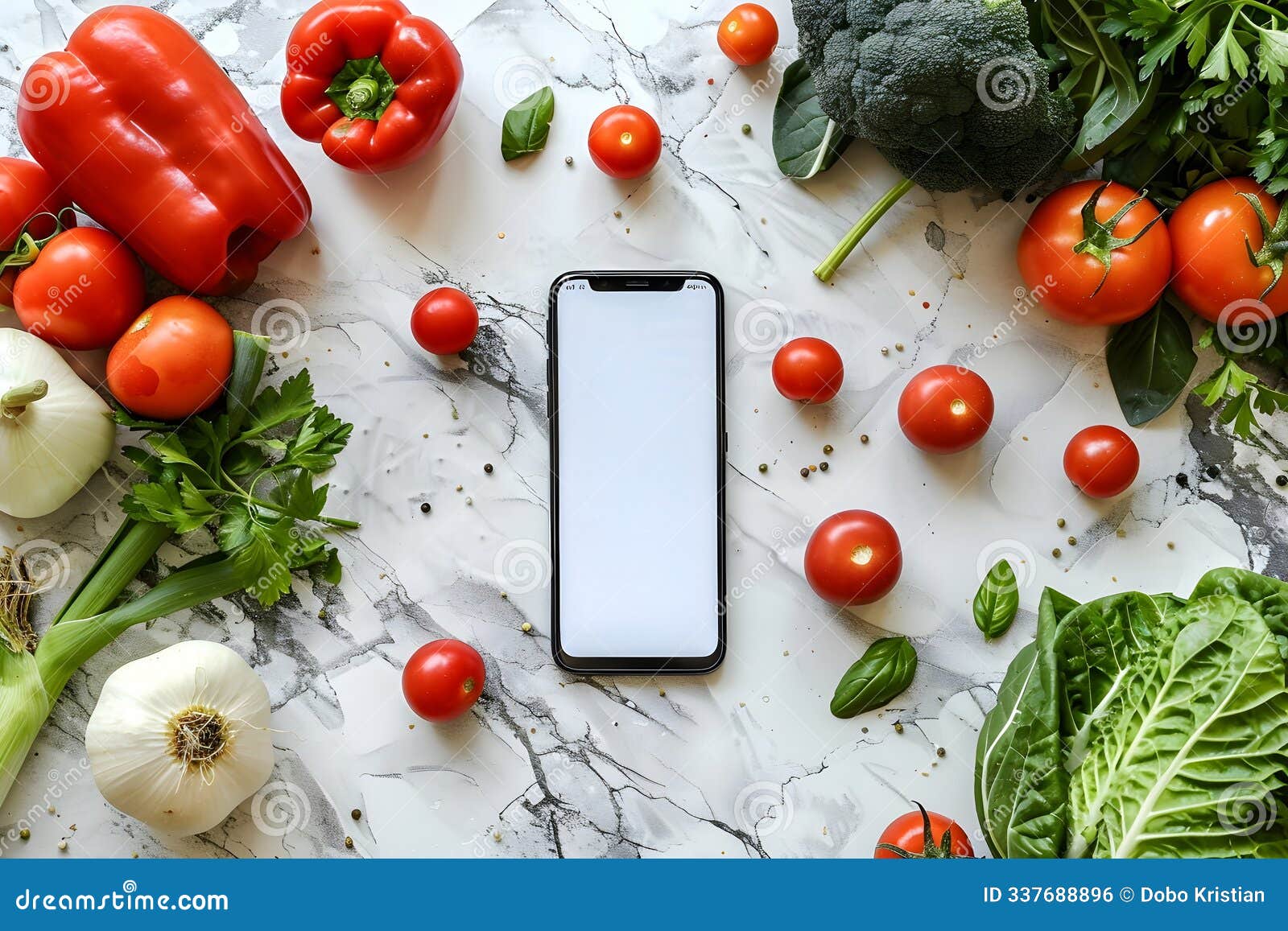A Blank Mobile Phone Screen Surrounded by Vegetables on a Kitchen ...
