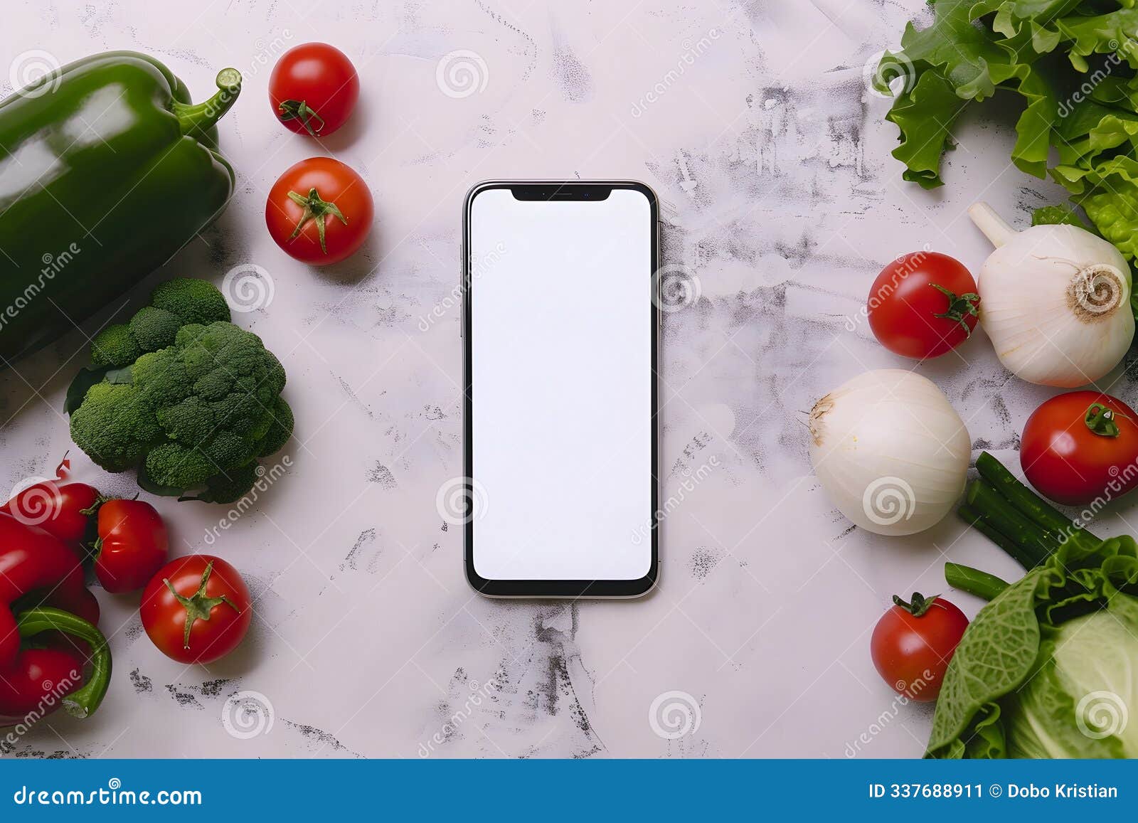 A Blank Mobile Phone Screen Surrounded by Vegetables on a Kitchen ...