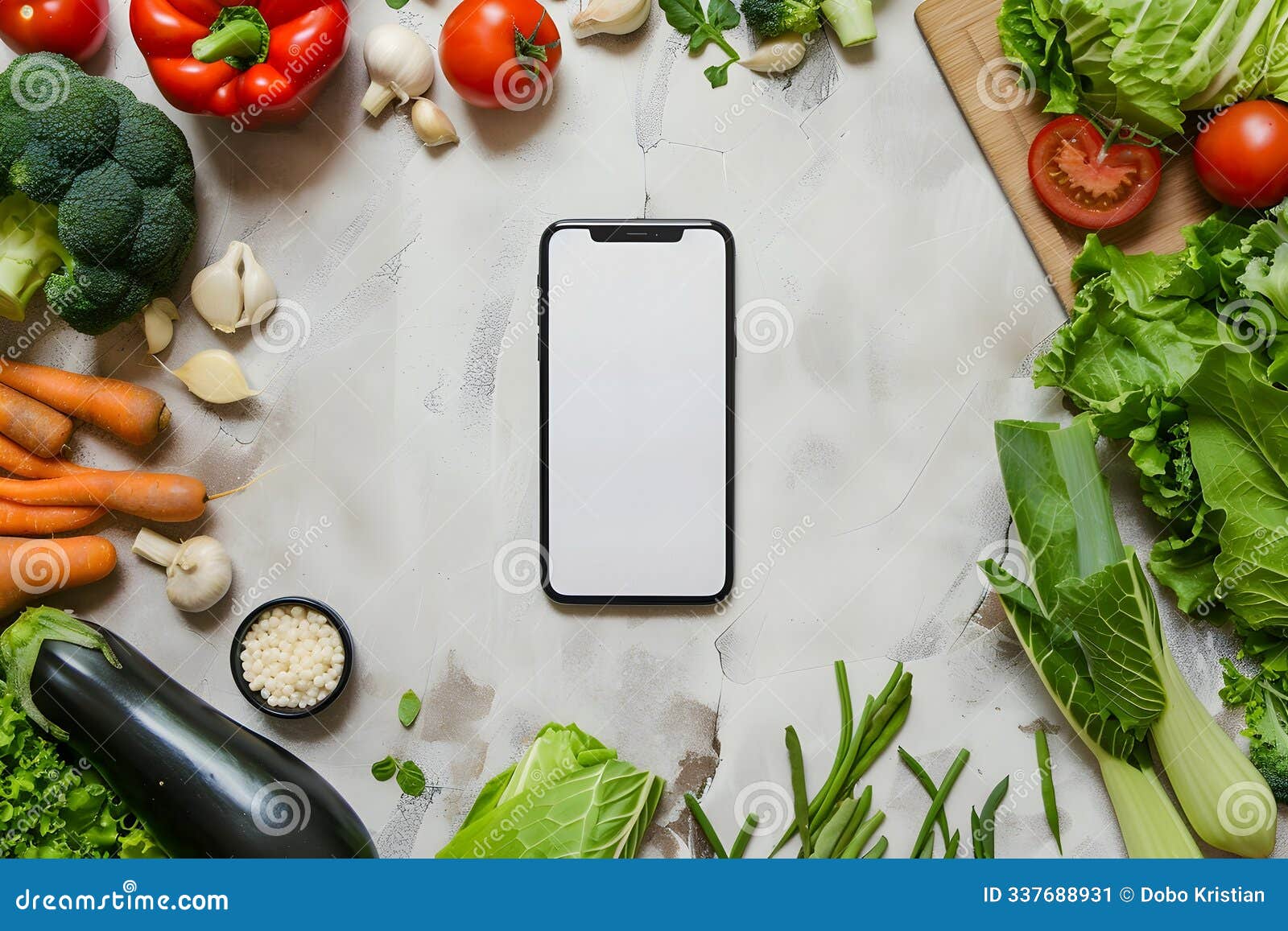 A Blank Mobile Phone Screen Surrounded by Vegetables on a Kitchen ...