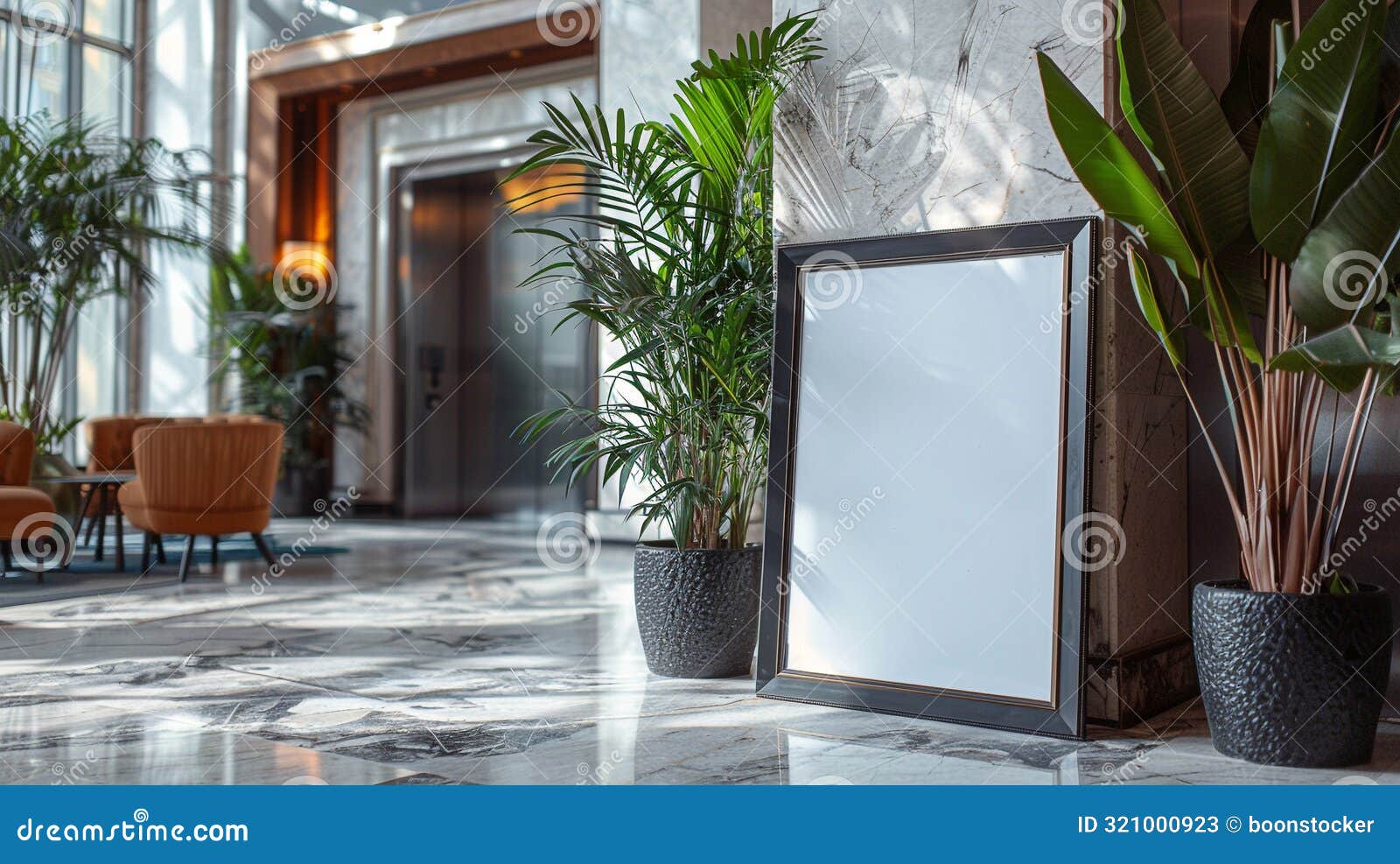 A Blank Mock-up Of A Photo Frame By The Elevator In The Hotel Lobby. AI ...