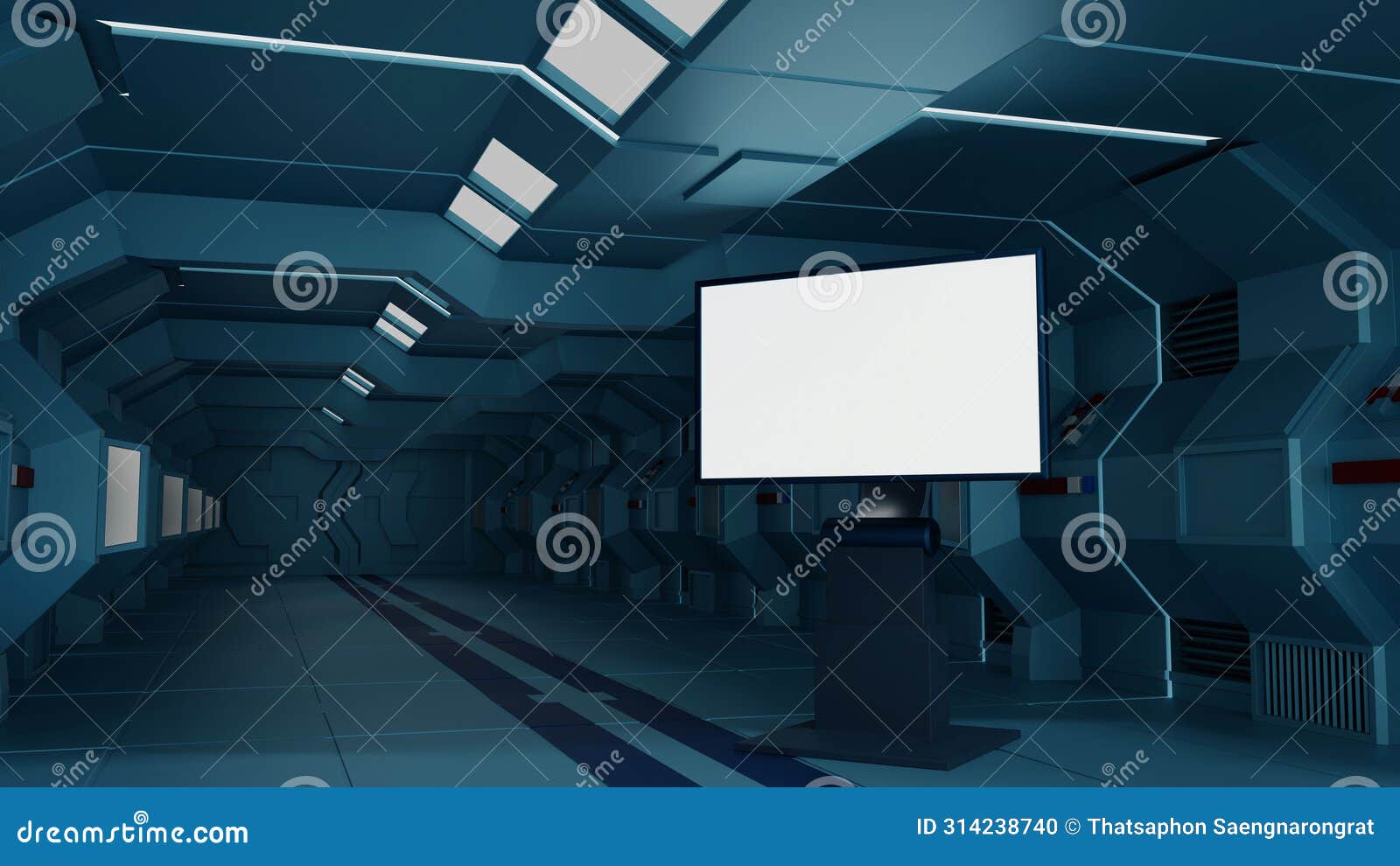 Blank Mock Up Vertical Billboard or LCD Screen Floor Stand in Spaceship ...