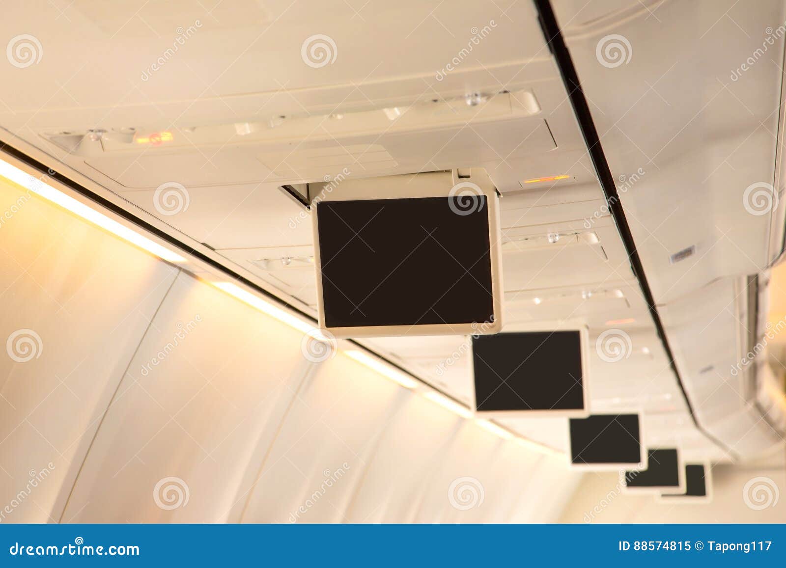 Blank monitors in aircraft stock image. Image of interior - 88574815