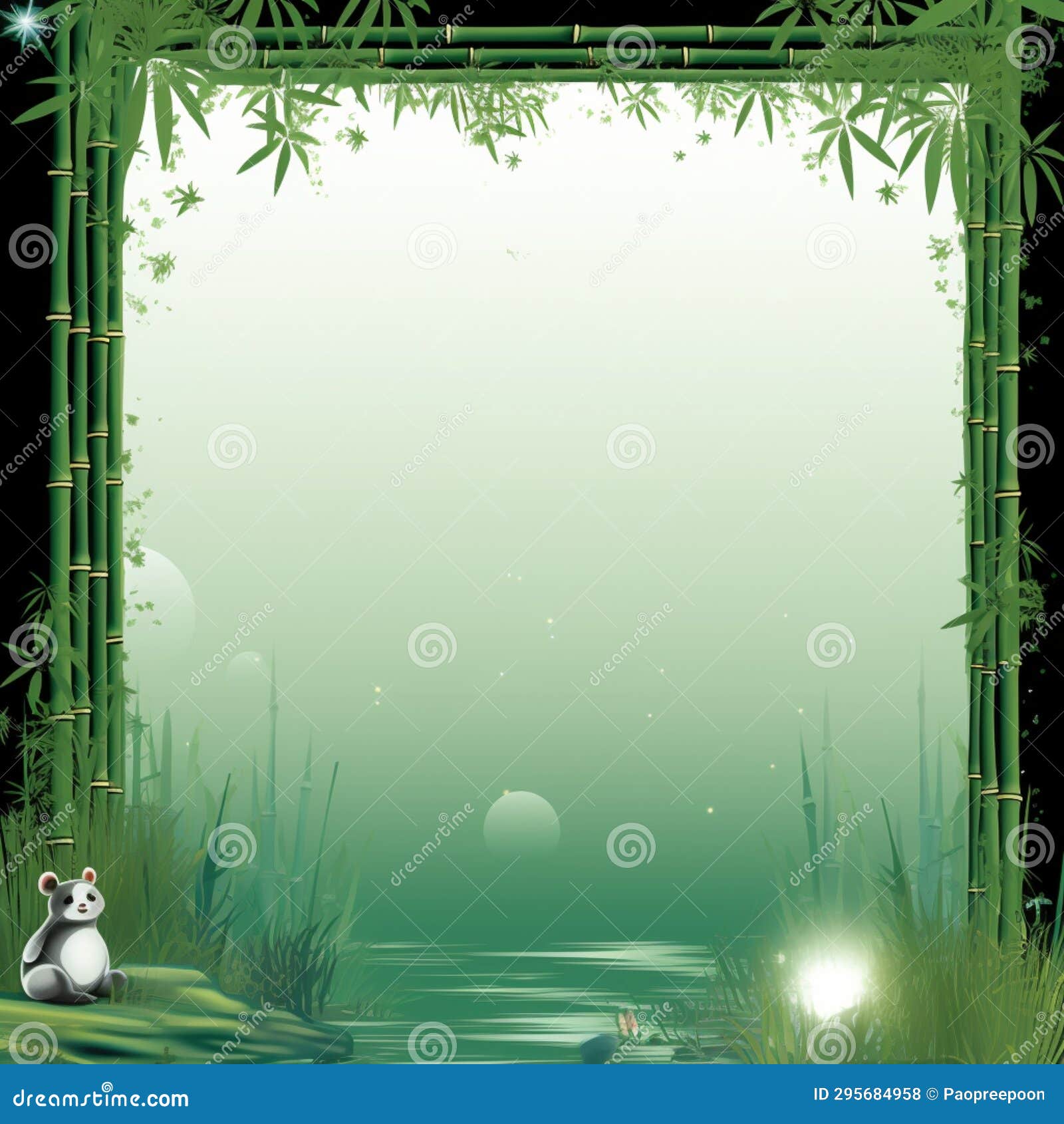 Blank Note Frame, Light Green Theme, Bamboo Forest, Moon, Waterfall ...