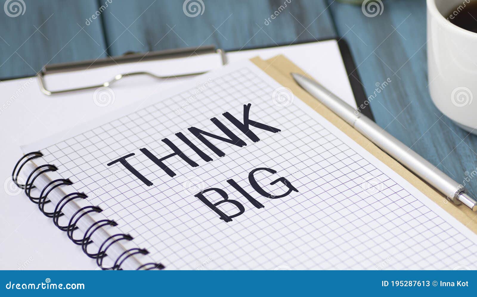 Blank Note Pad with THINK BIG Text on Blue Wooden Stock Image - Image ...