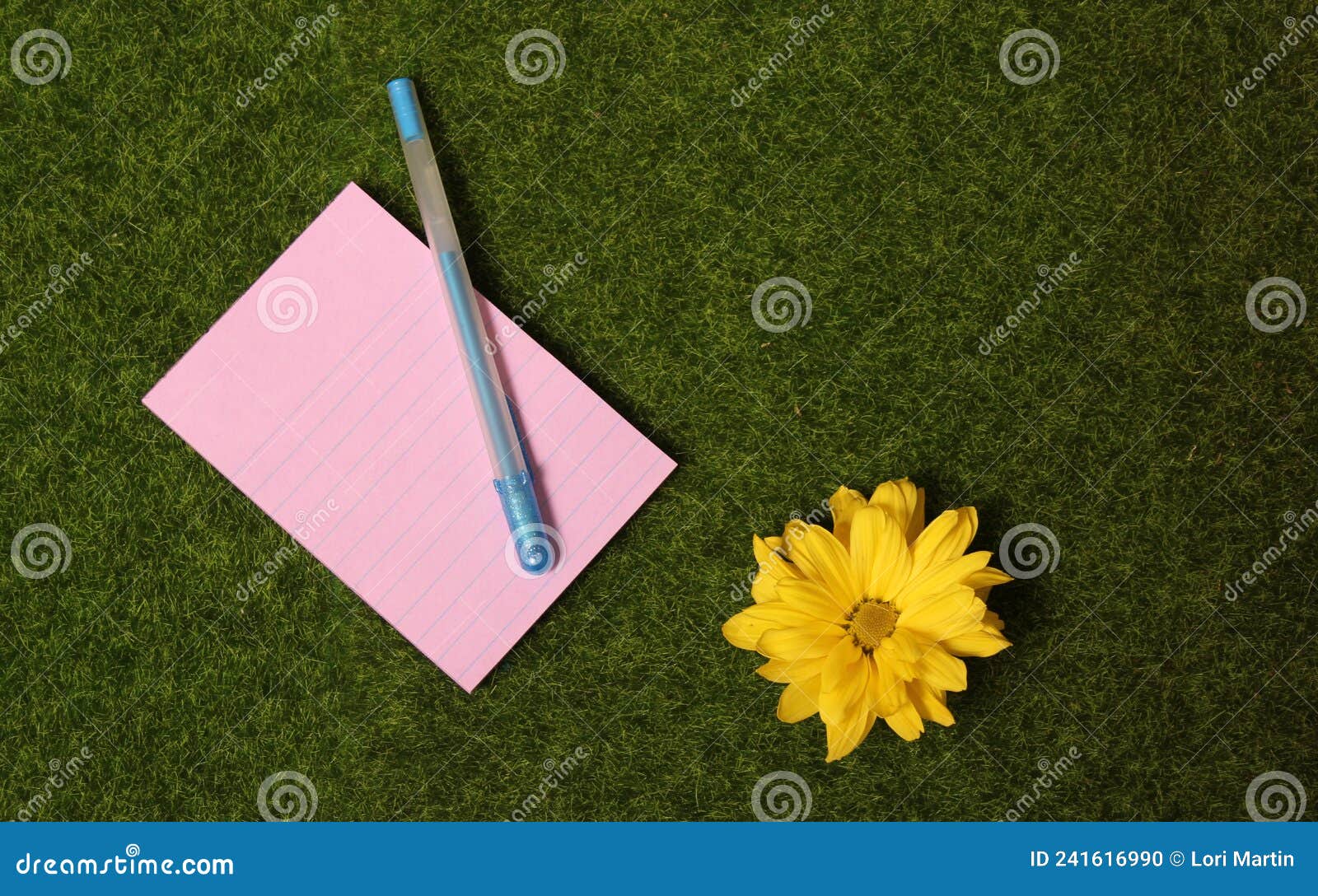 Blank Note Paper on Green Grass Background with Colorful Flowers Stock ...