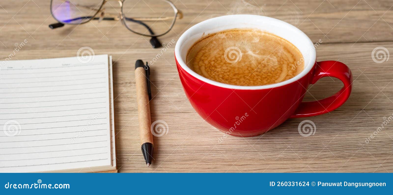 Blank Notebook and Coffee Cup on Wood Table. Motivation, Resolution, To ...