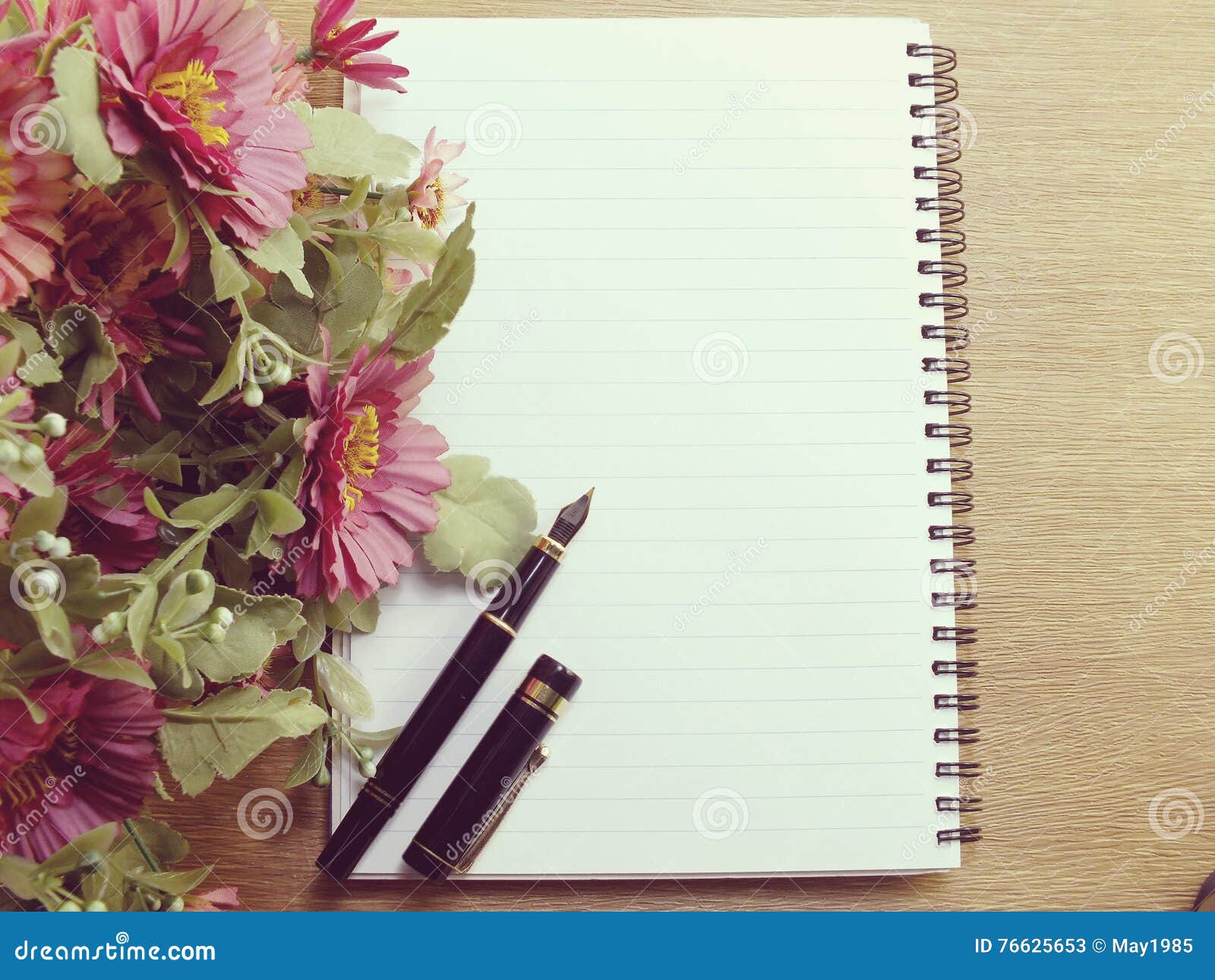 Blank Notebook Diary with Pink Flower on Wooden Background Stock Image ...