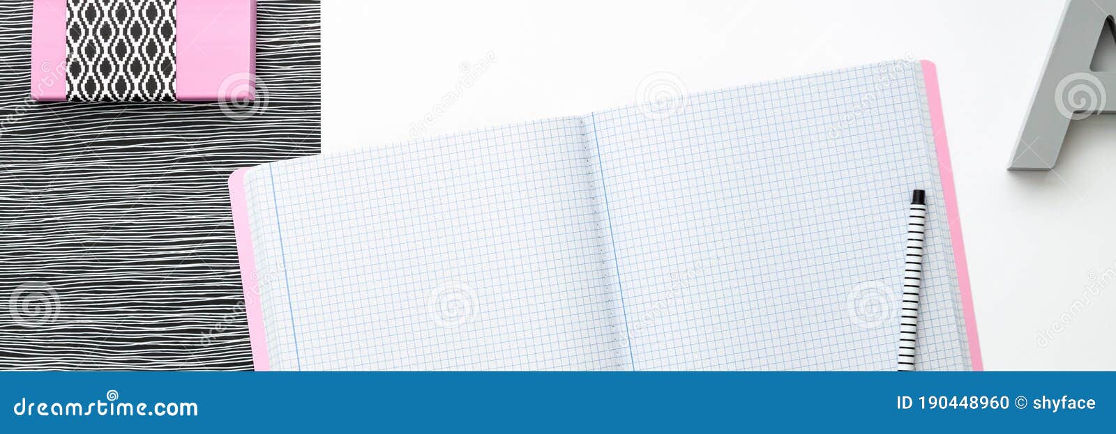 Blank Notebook is Open on Modern White Working Table. Panoramic Top ...