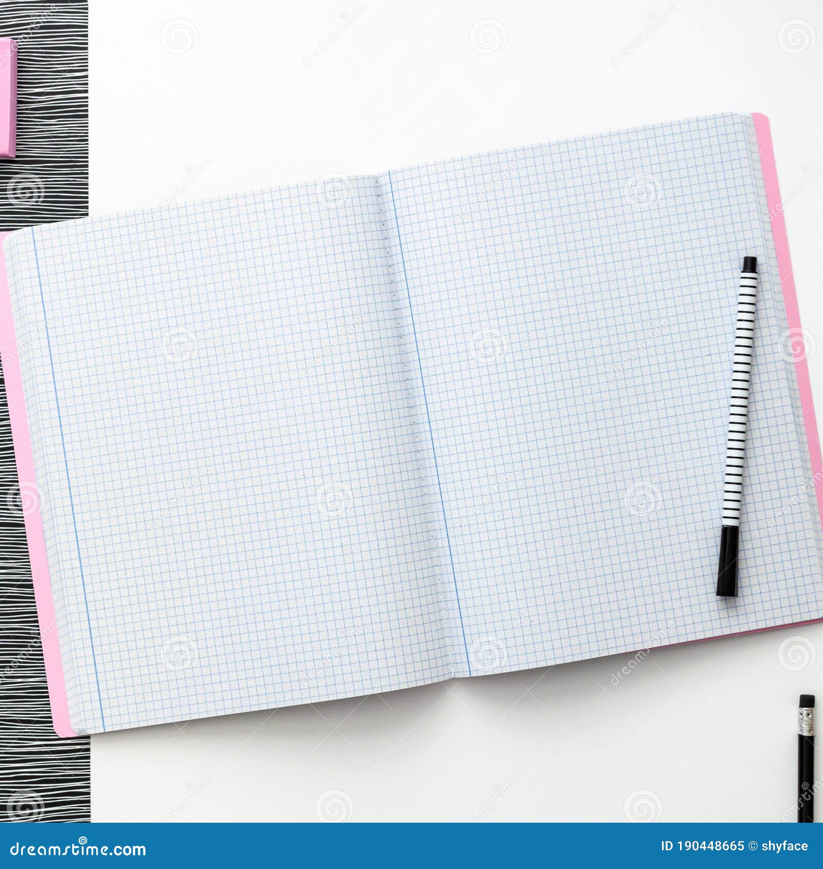 Blank Notebook is Open on Modern White Working Table. Top View. Mockup ...