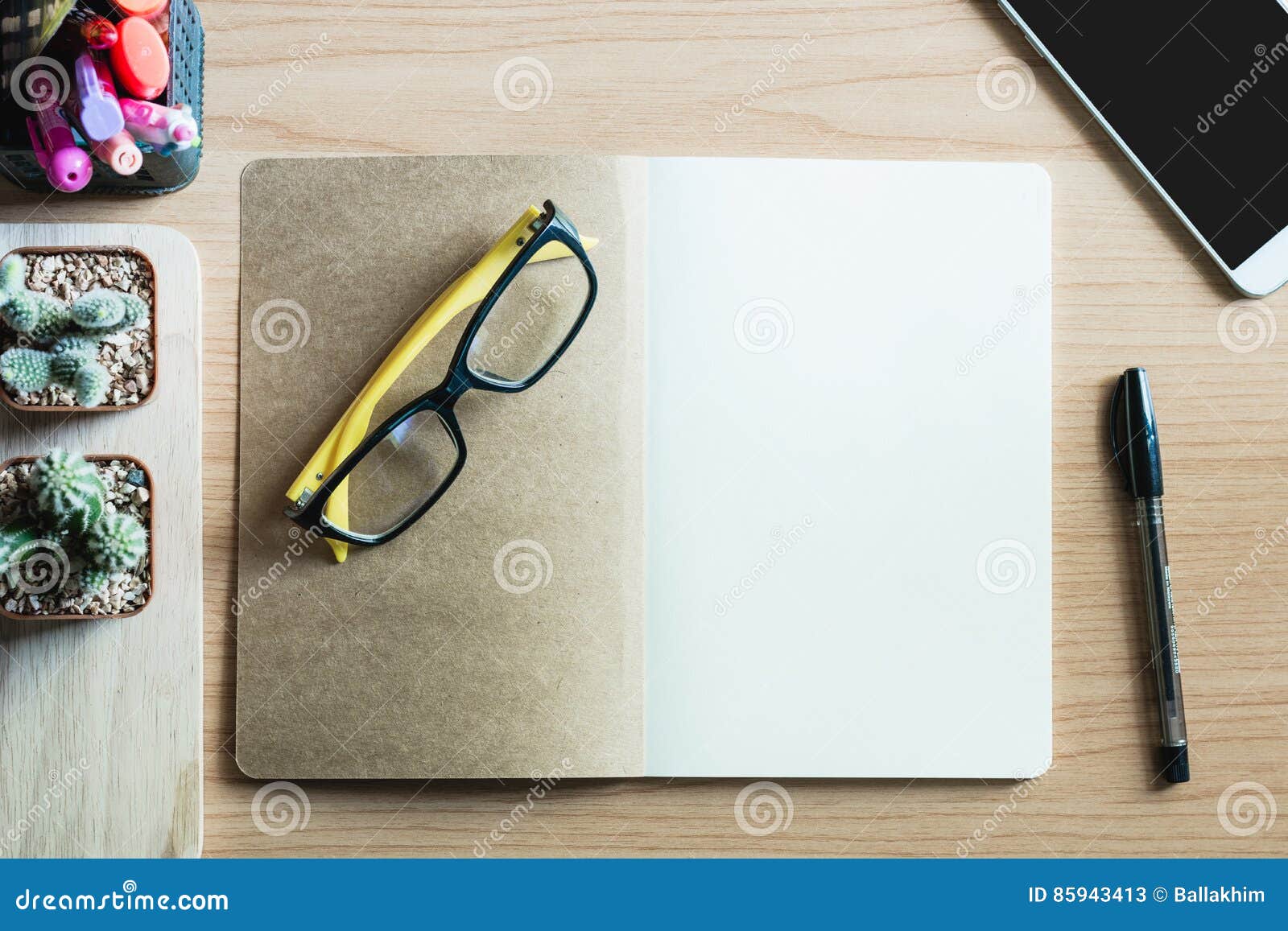 Blank Notebook Over Wooden Table Stock Image - Image of diary, paper ...