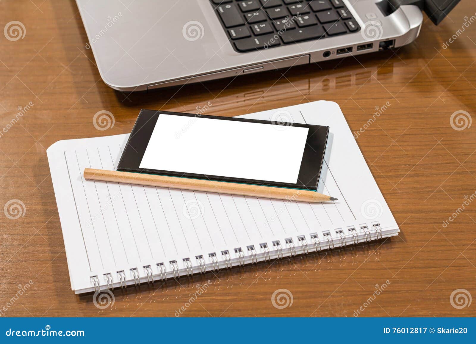 Blank Notebook, Pencil with Smartphones and Laptop Stock Image - Image ...