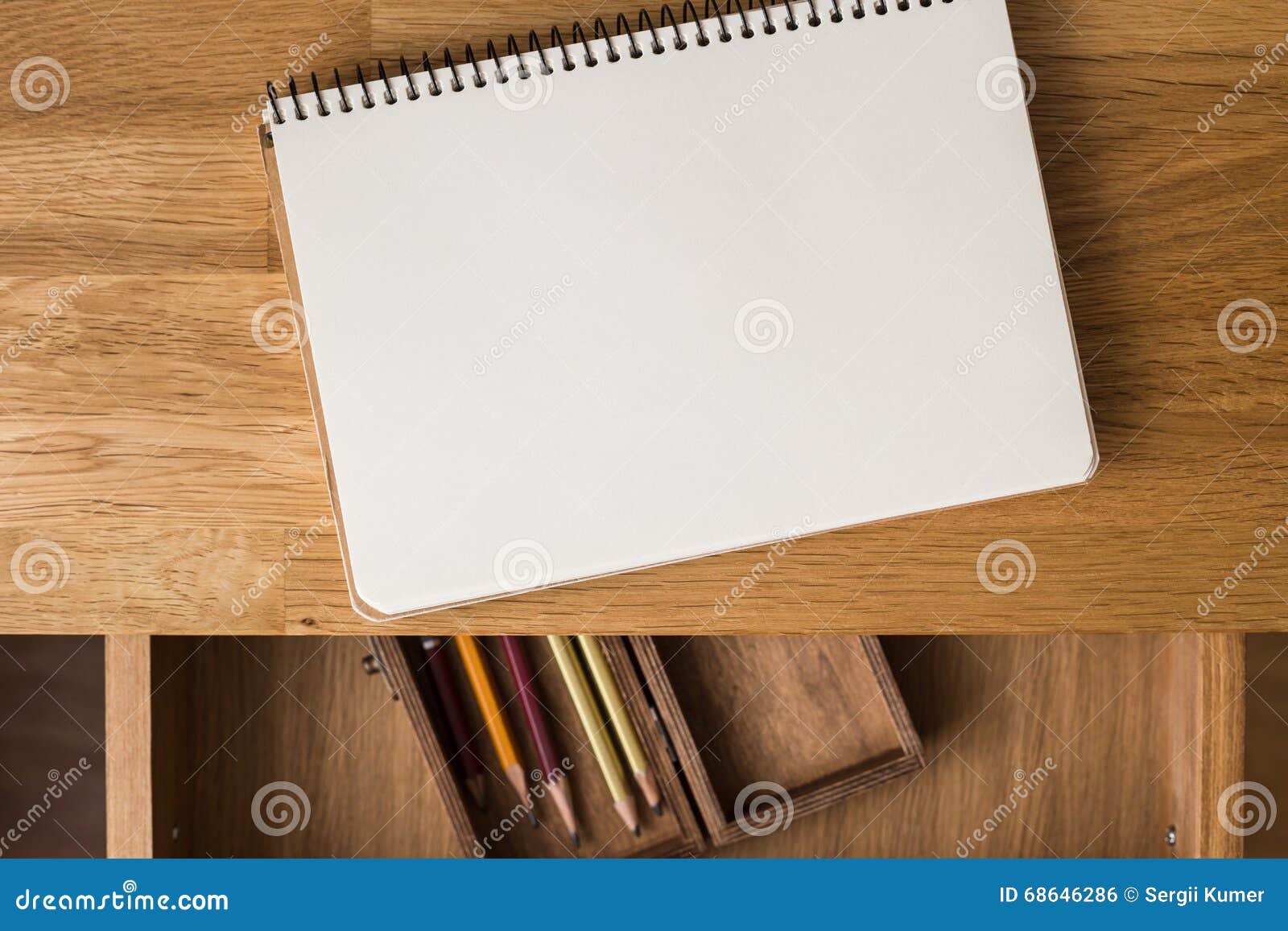 Blank Notebook with Pencils on the Desk. Overhead Stock Photo - Image ...
