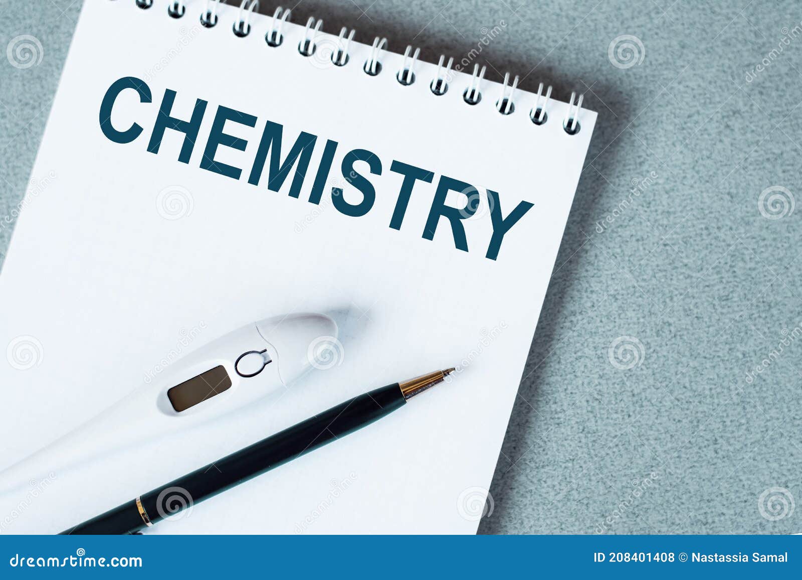 Blank Notebook with Thermometer and Pen on Table CHEMISTRY Text Stock ...