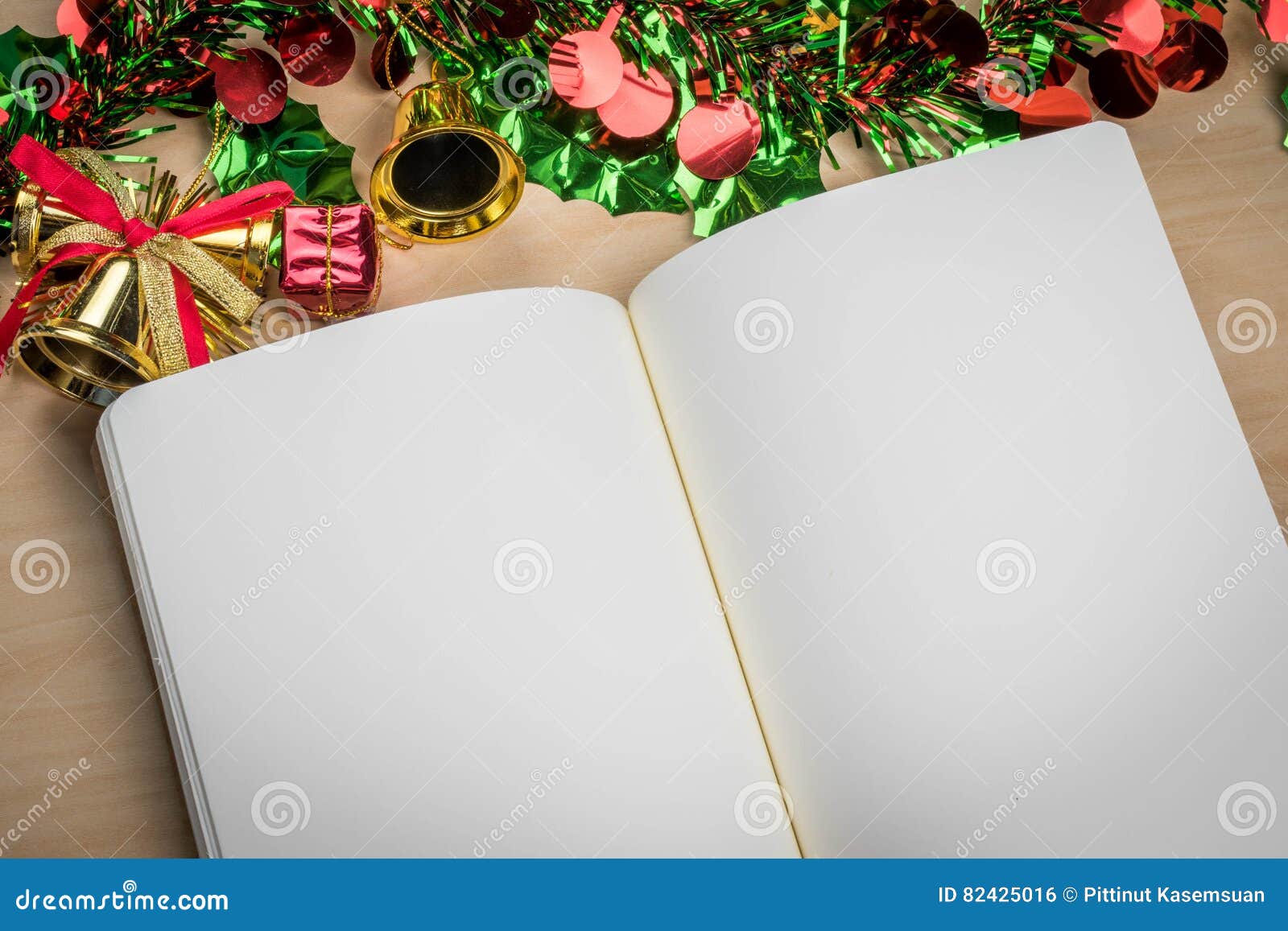 Blank Notebook on Wood Table with Christmas Decorations Stock Photo ...