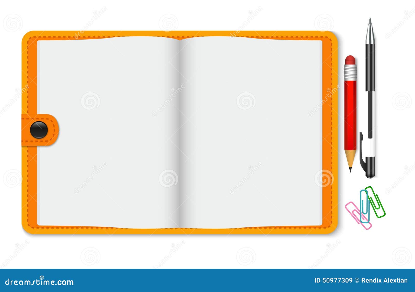 Blank Notepad with Pen and Pencil, Top View Stock Vector - Illustration ...
