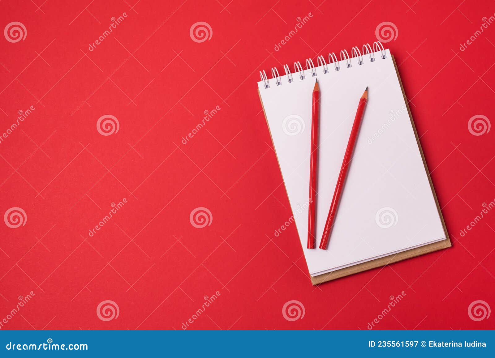 Blank Notepad and Red Pencil on Red Background Horizontal Copy Space ...